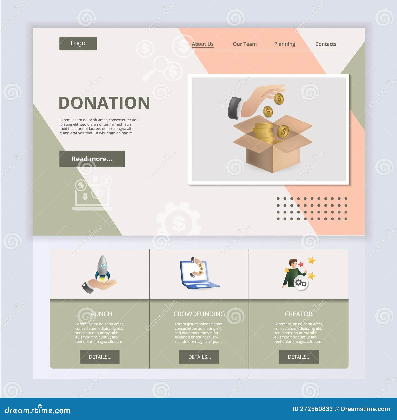 Donation Flat Landing Page Website Template. Launch, Crowdfunding ...