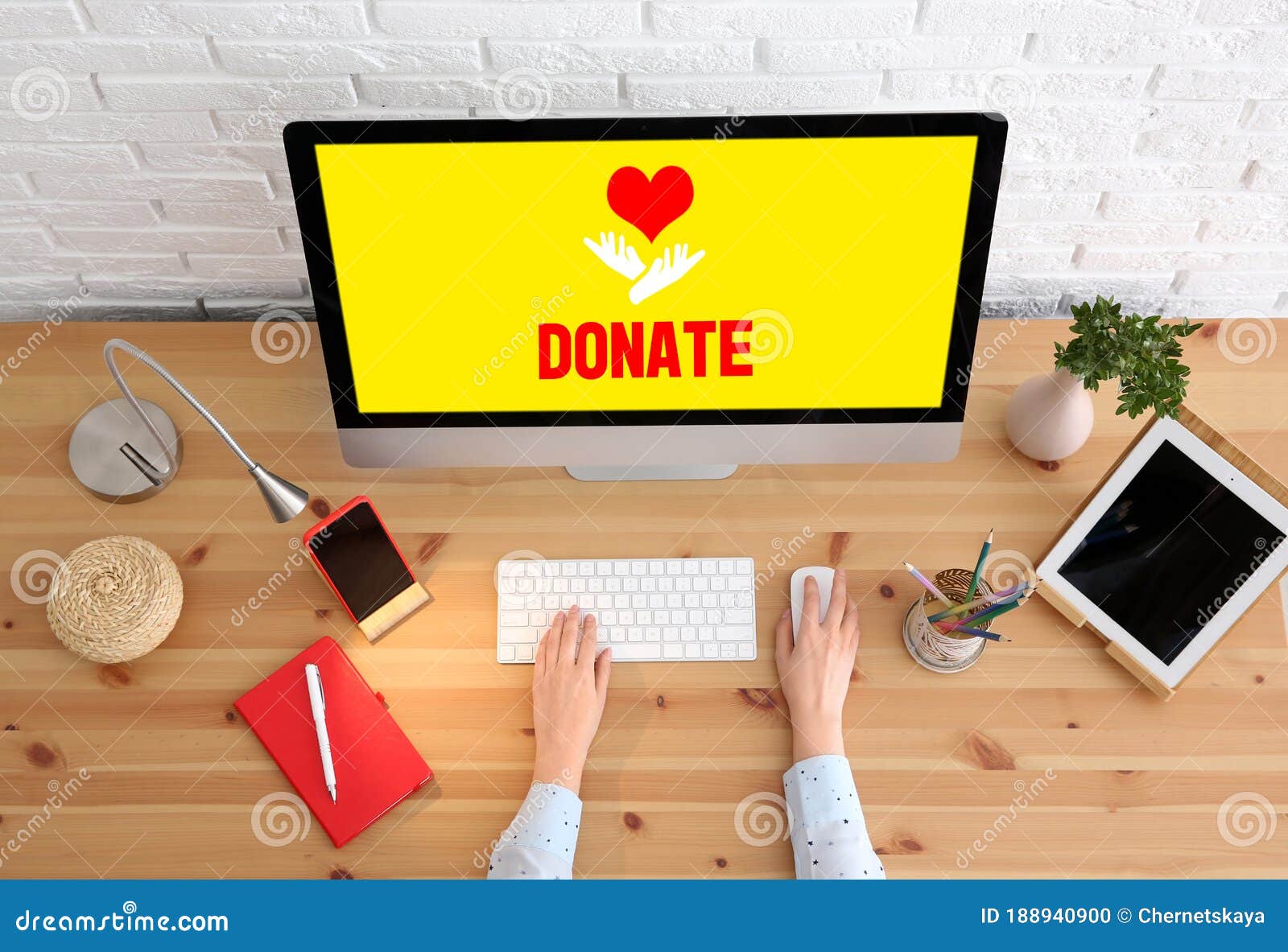 Donations Concept. Woman Working with Computer at Table, Closeup Stock ...