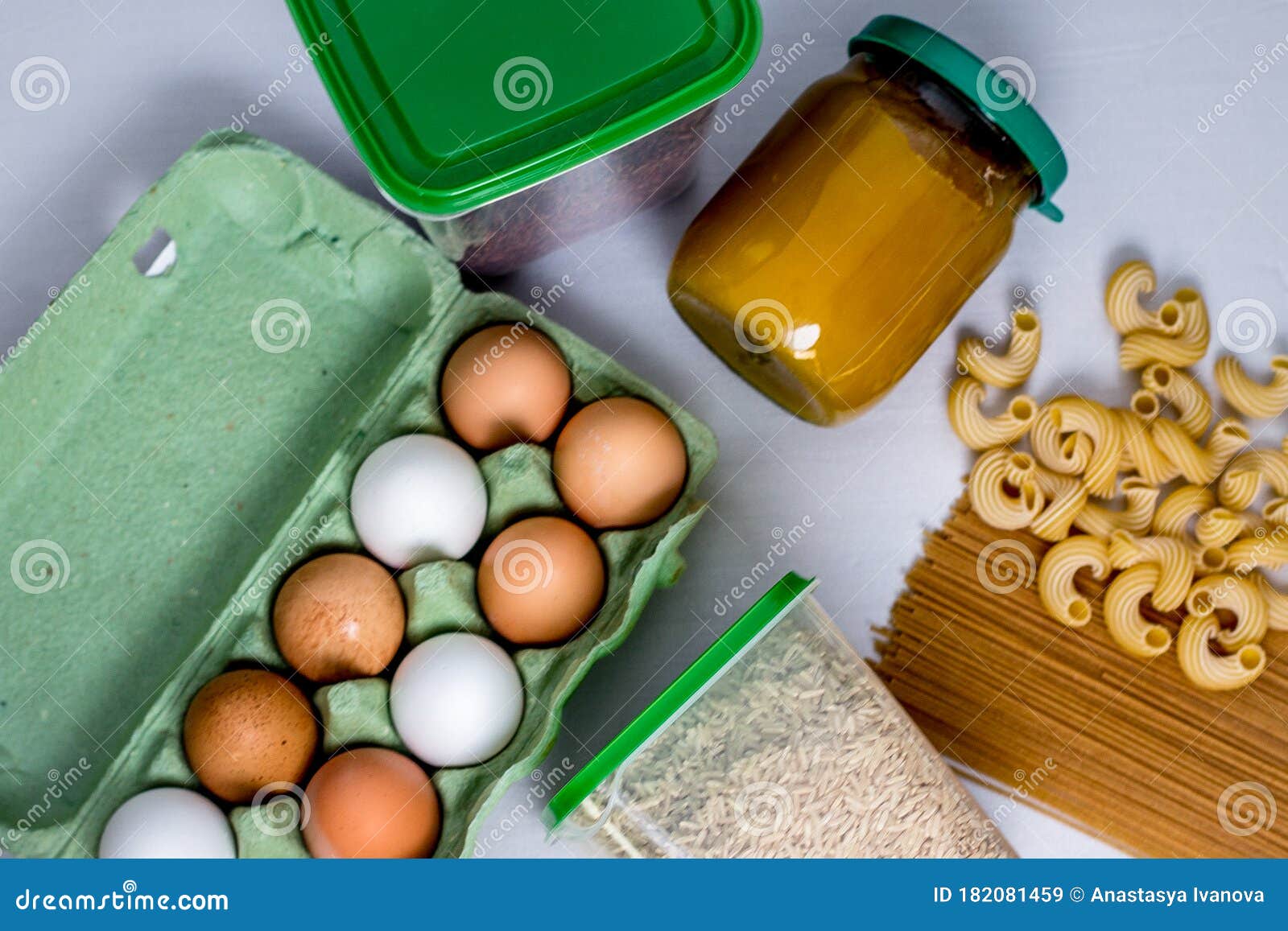 Donations Food with Eggs, Pasta and Rice. Donate Concept on Table ...