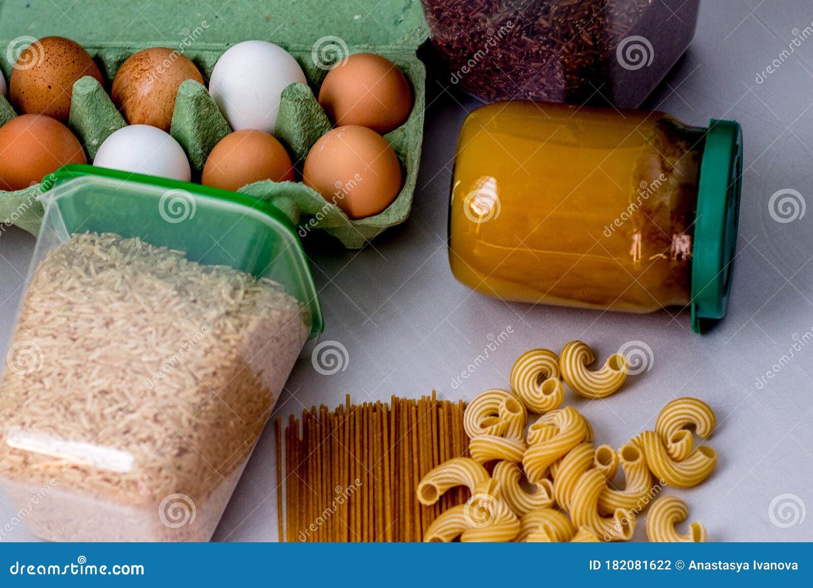 Donations Food with Eggs, Pasta and Rice. Donate Concept on Table ...