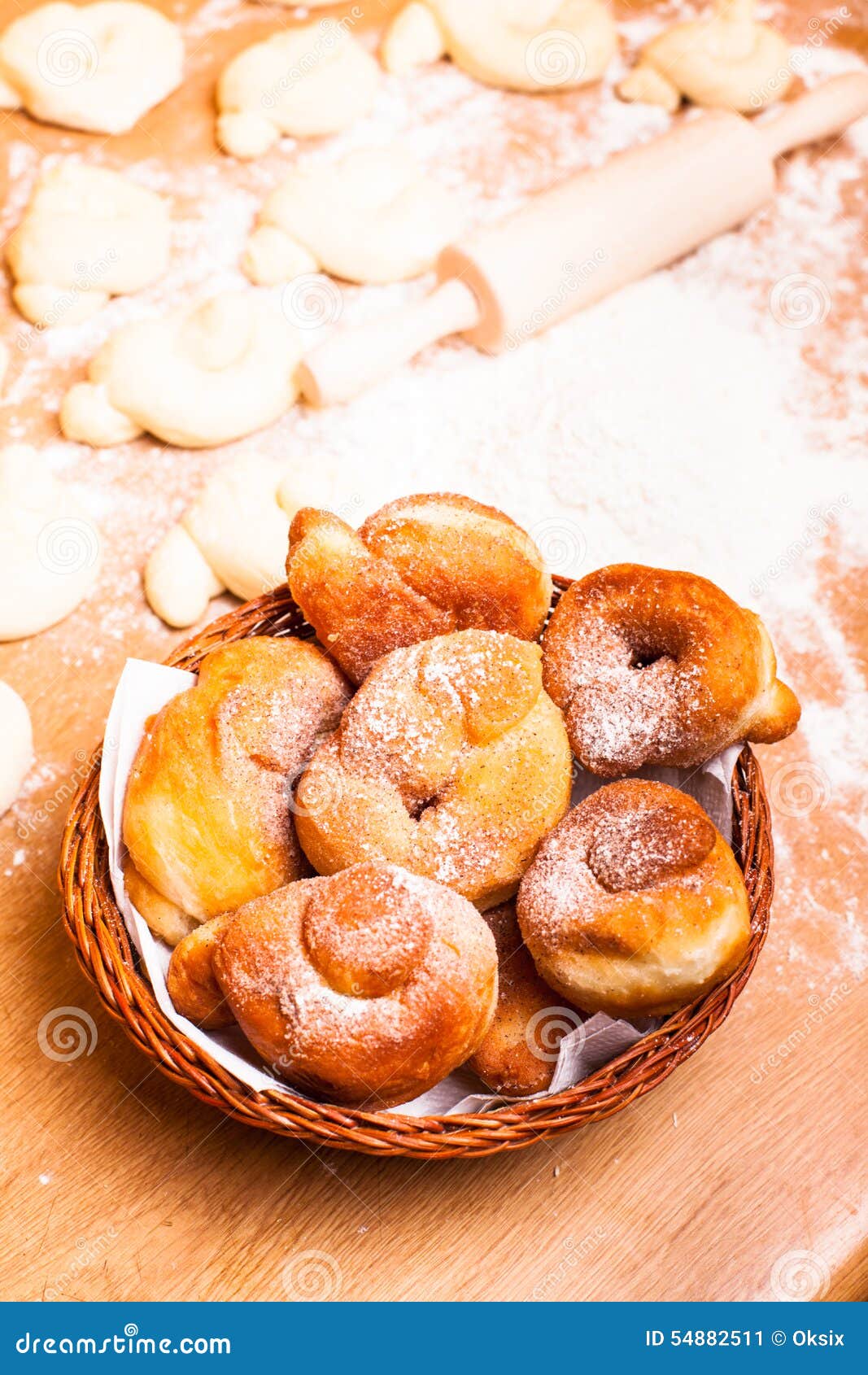 Donats in basket stock image. Image of focus, flour, homemade - 54882511