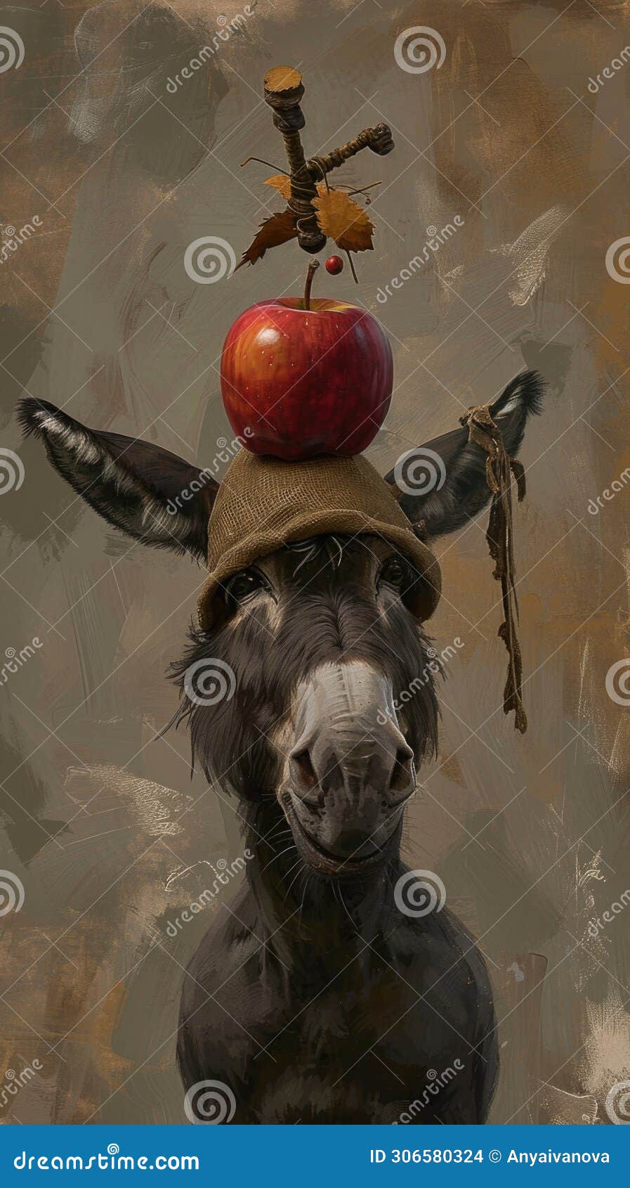 A Donkey with an Apple on Its Head, Surreal Illustration with Steampunk ...