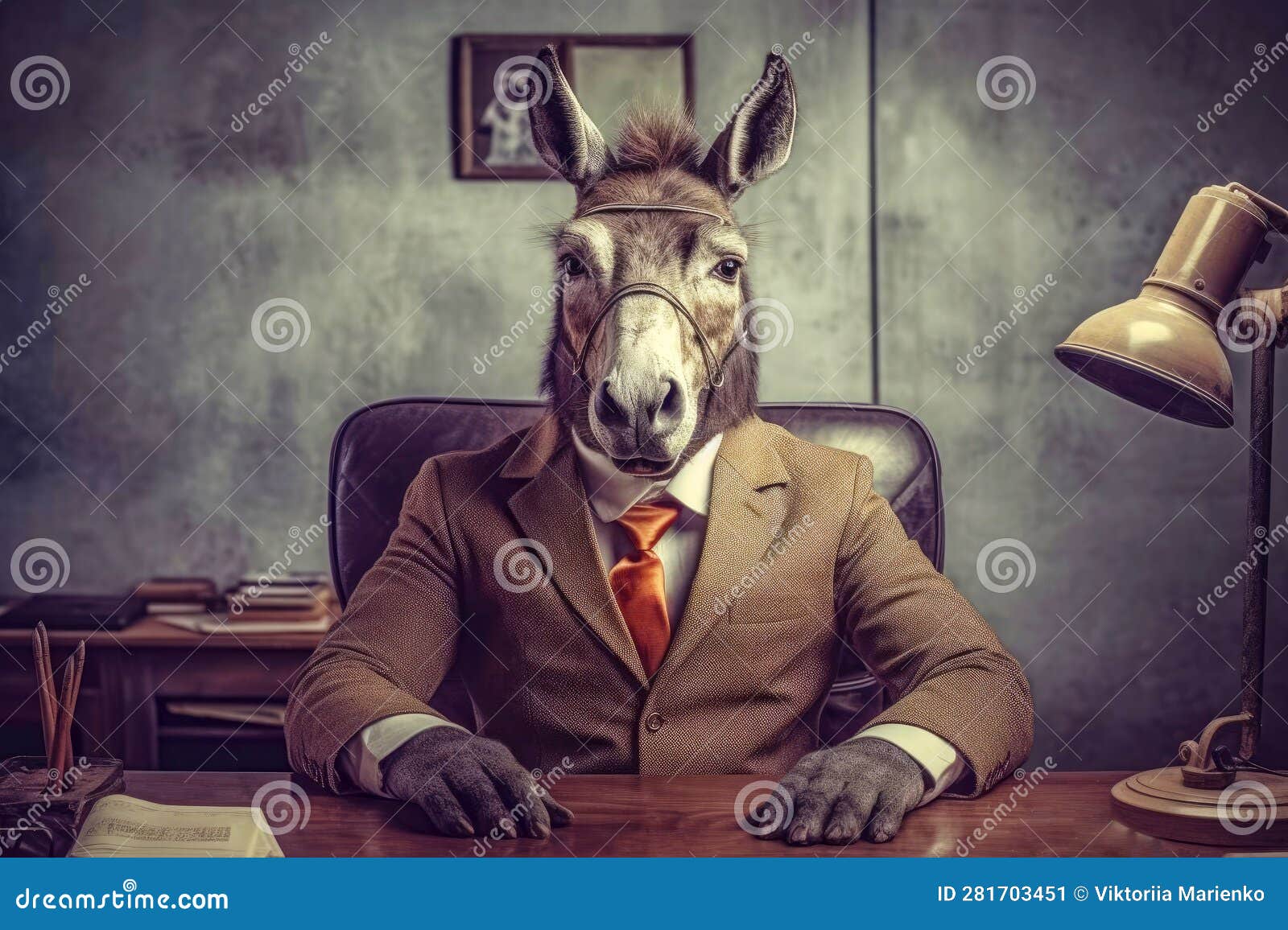 A Donkey in a Business Suit Sits at an Office Desk Stock Illustration ...
