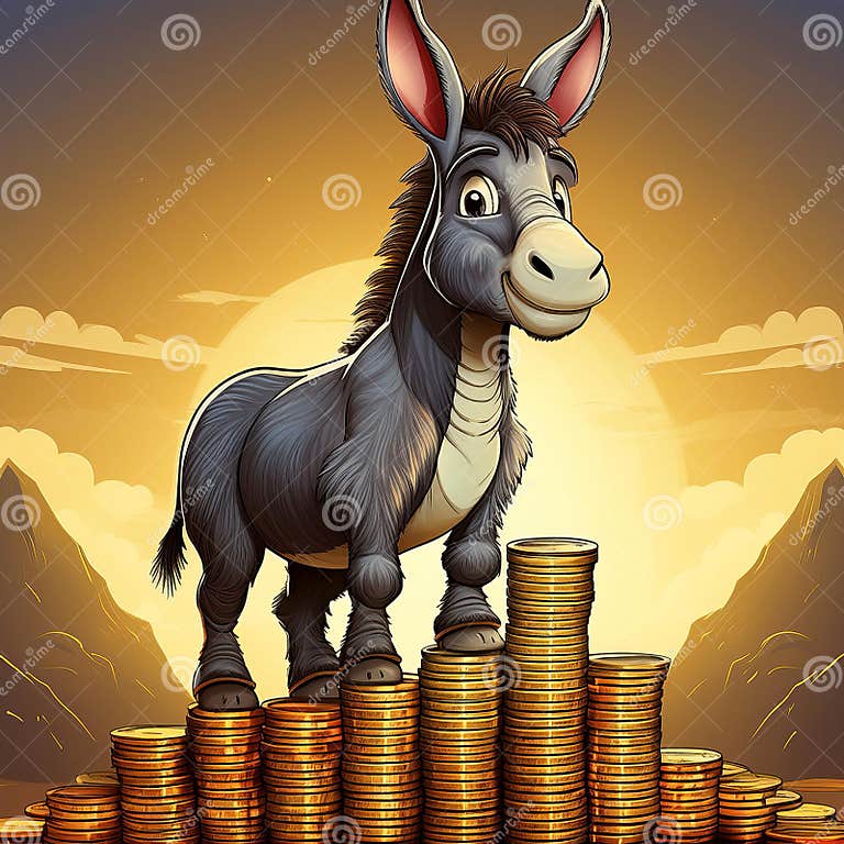 A Cheerful Donkey Stands Atop a Stack of Gold Coins Against a Sunset ...