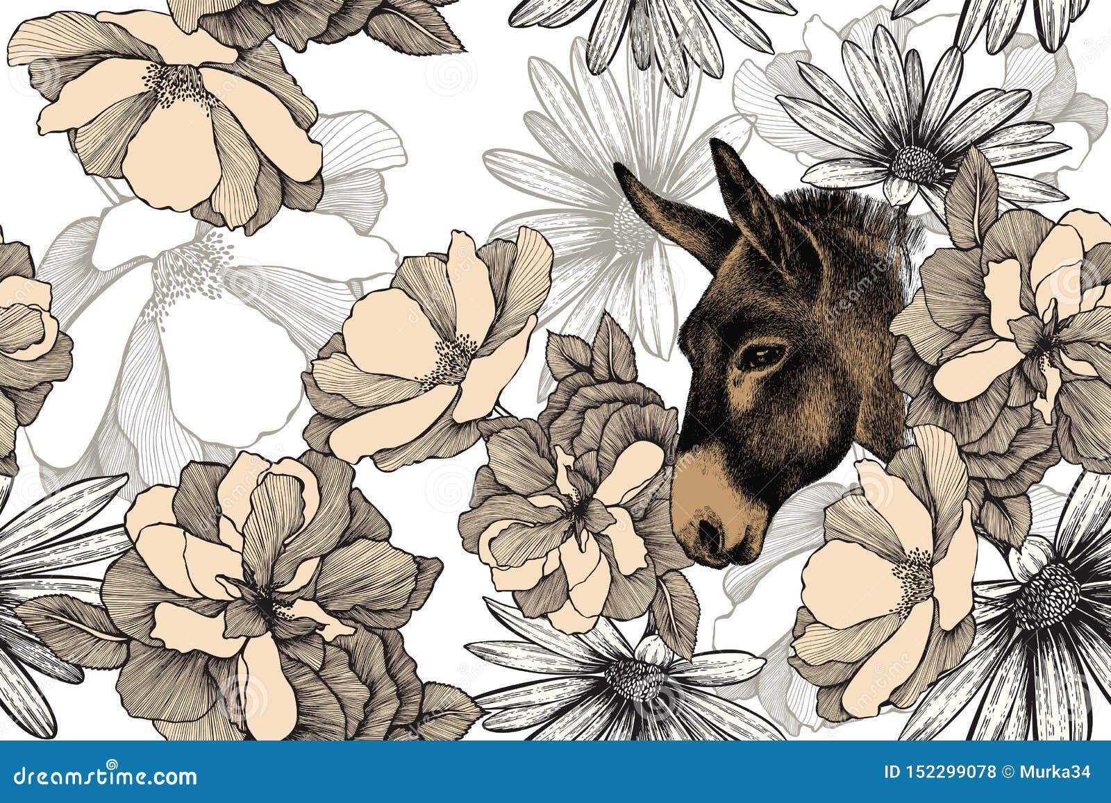 Donkey with Roses, Seamless, Floral Pattern. Hand-drawn, Vector ...