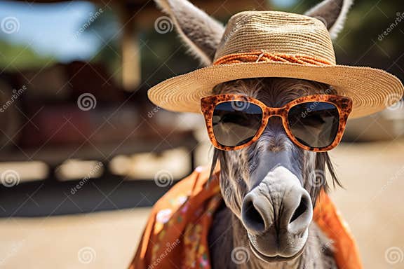 Donkey with a Straw Hat and Sunglasses Stock Image - Image of straw ...
