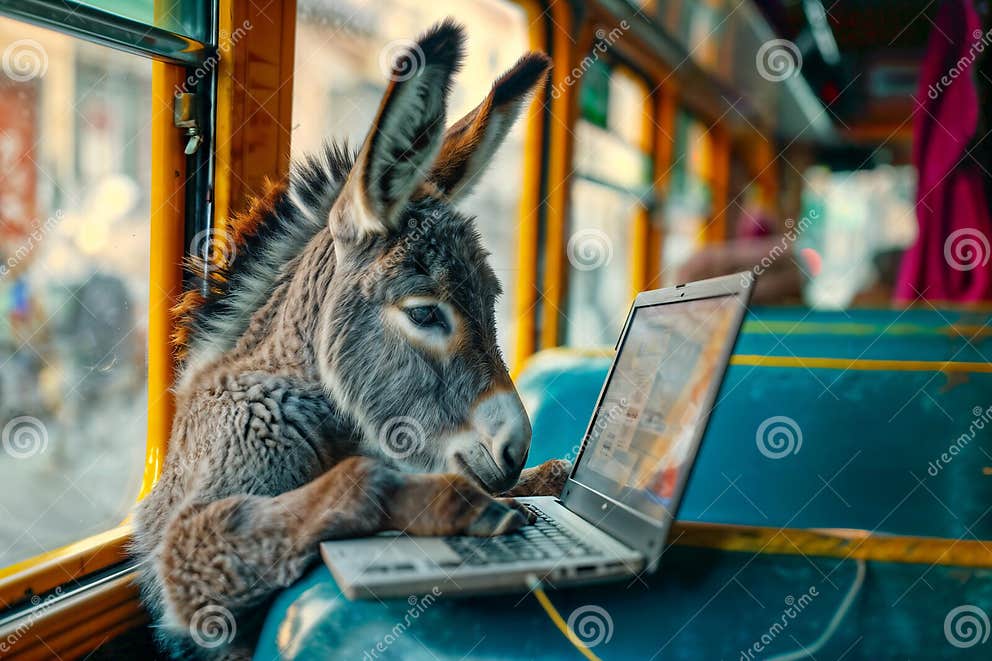Donkey Using Laptop on Bus stock illustration. Illustration of public ...