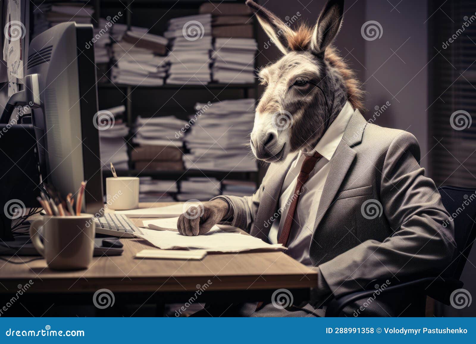 Donkey Wearing Suit and Tie Sitting at Desk with Computer. Generative ...