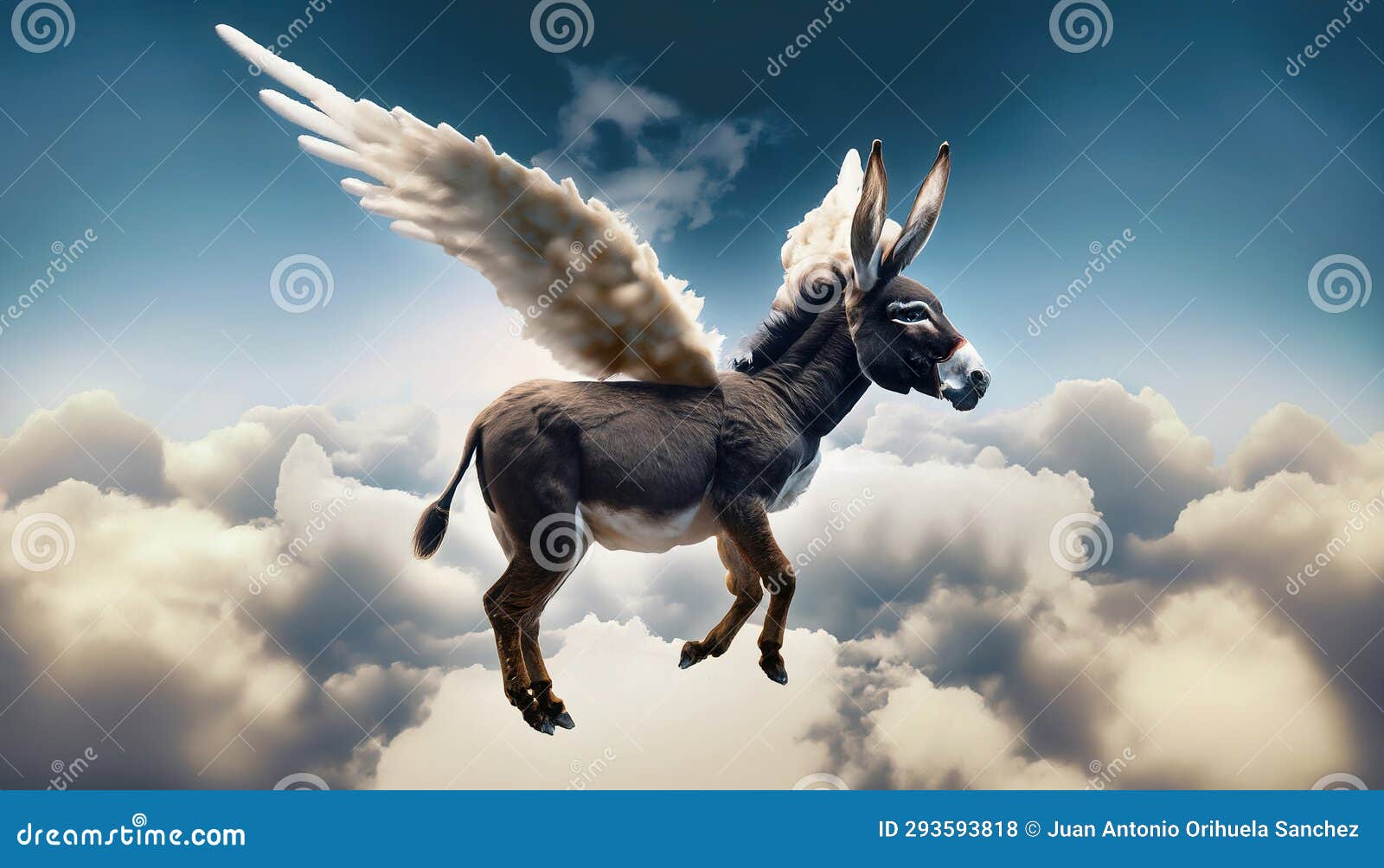 Donkey with Wings Flying between Clouds. Winged Donkey Stock ...