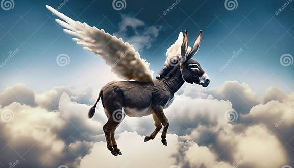 Donkey with Wings Flying between Clouds. Winged Donkey Stock ...