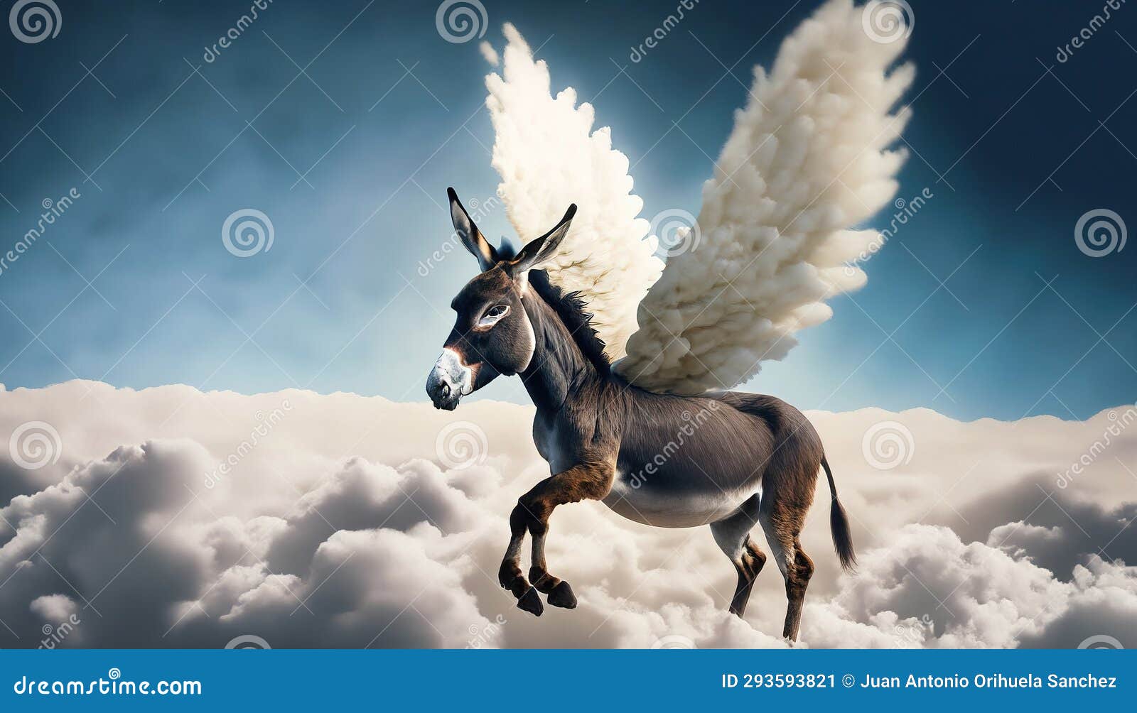 Donkey with Wings Flying between Clouds. Winged Donkey Stock ...