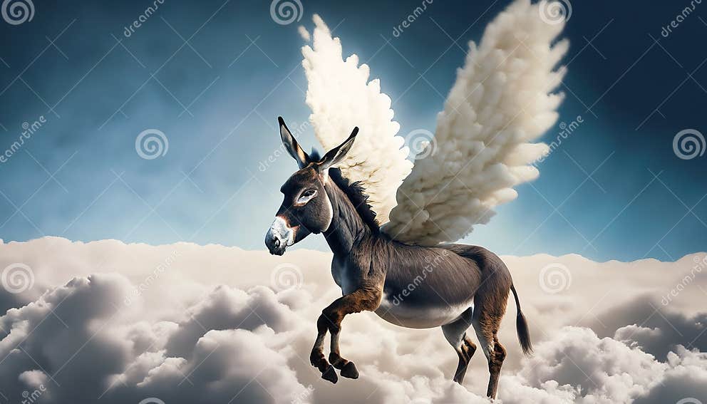 Donkey with Wings Flying between Clouds. Winged Donkey Stock ...