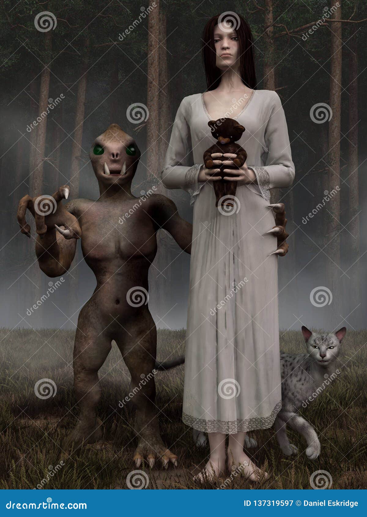 Donna in Camicia Da Notte Con Il Mostro Illustrazione di Stock ...