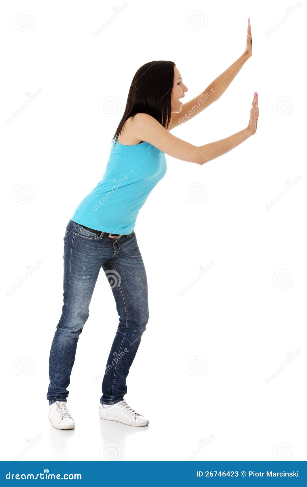 Donna Che Spinge Qualche Cosa Di Immaginario Immagine Stock - Immagine ...