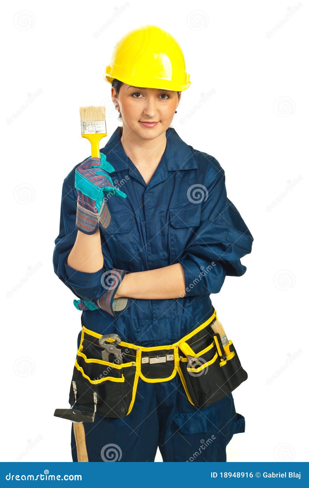 Donna Dell'operaio Che Mostra Il Pennello Fotografia Stock - Immagine ...