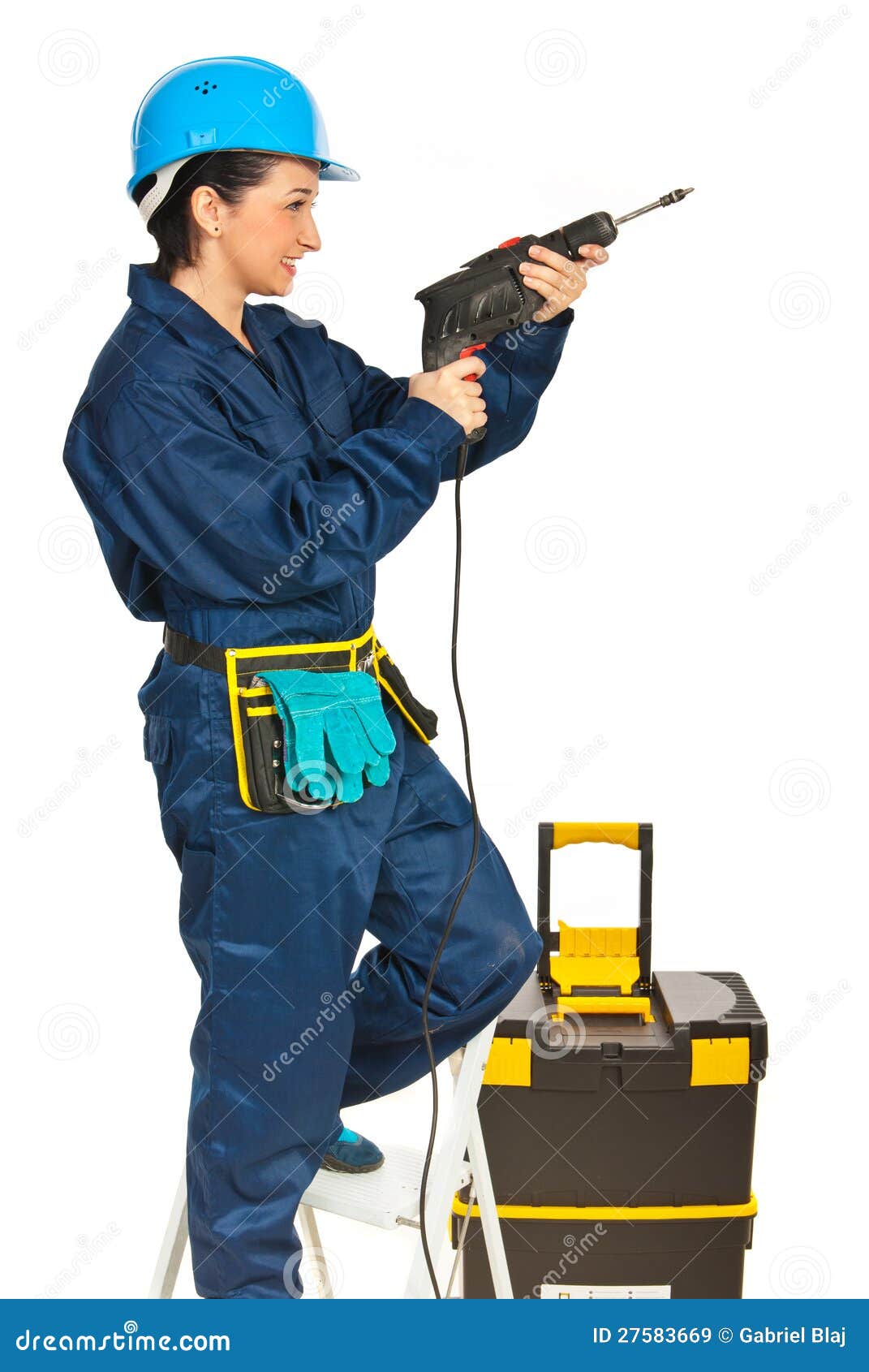 Donna Dell'operaio Che Per Mezzo Del Trivello Immagine Stock - Immagine ...
