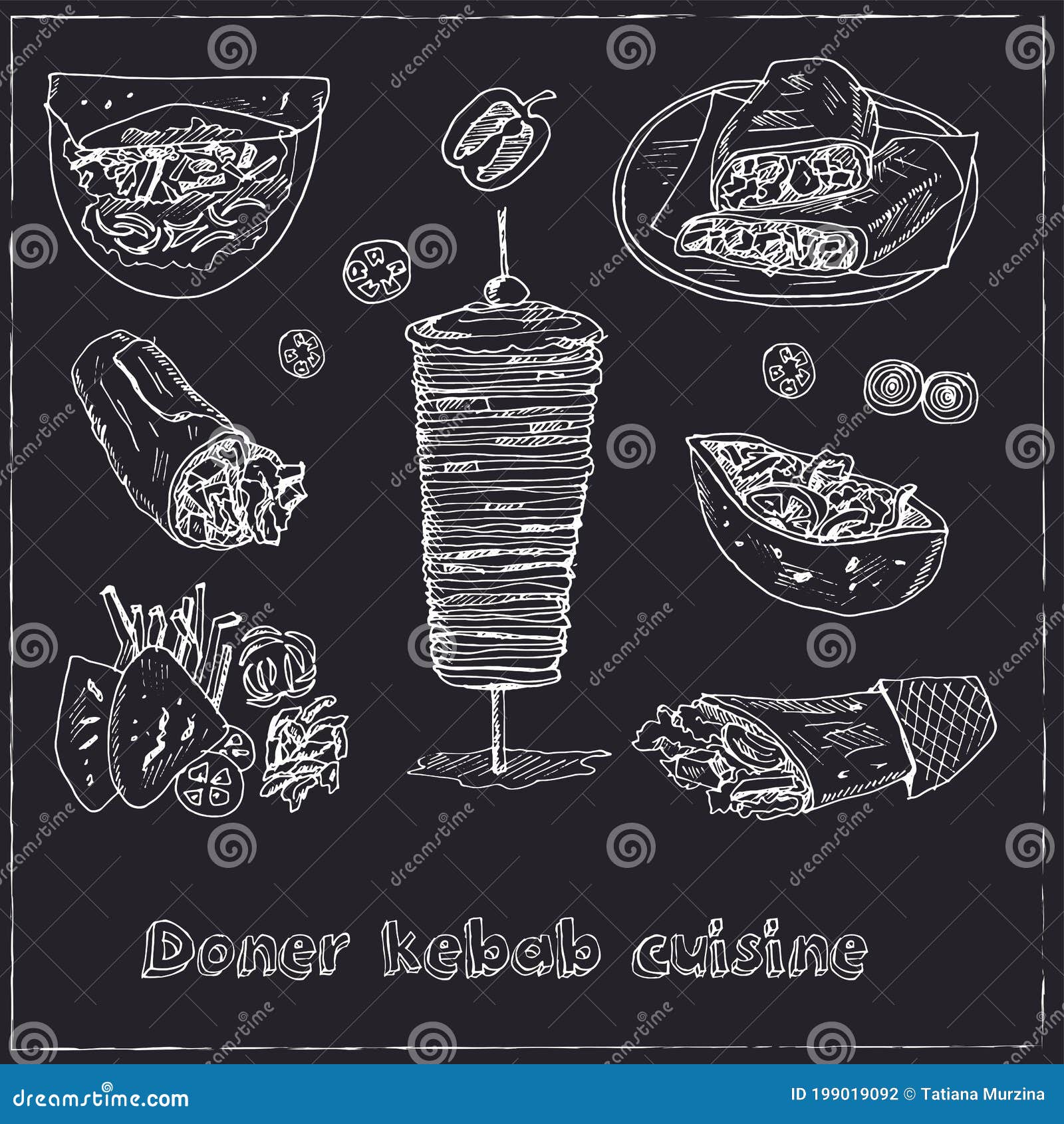 Donner Kebeb Cuisine Menu Doodle Icons Vector Illustration on ...