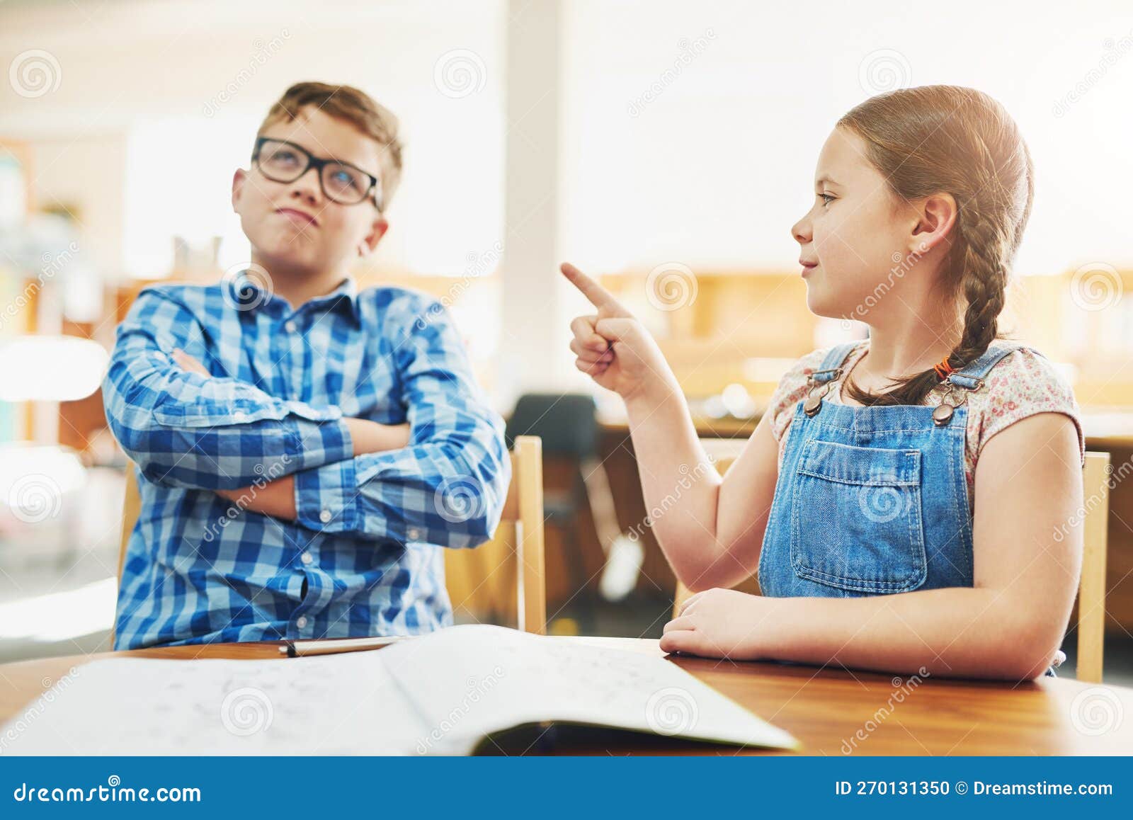 Dont Be so Grumpy. Two Young Children Working on Schoolwork Together ...