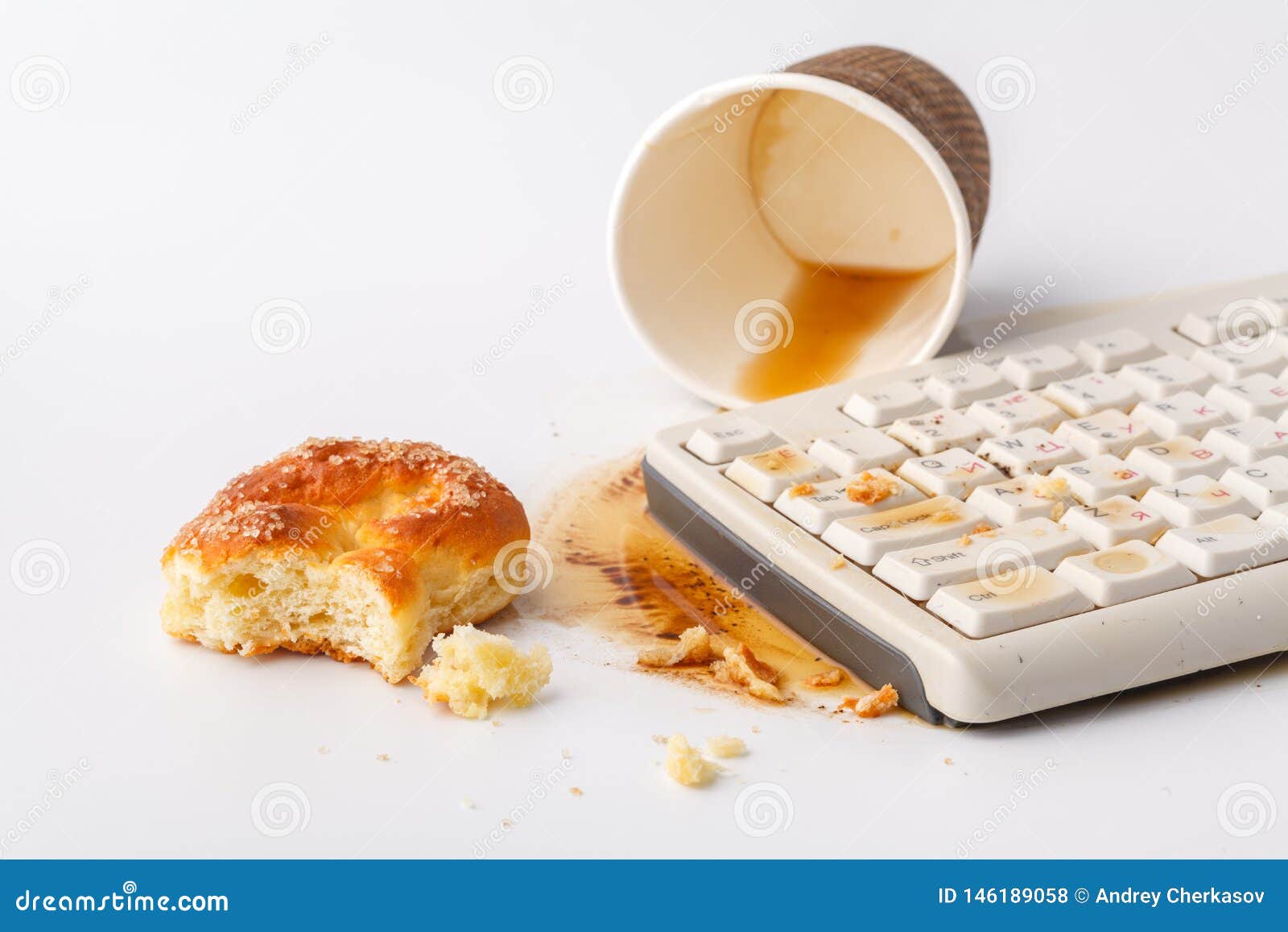 Dont Eat on Workplace. Liquid Spilled on a Computer Keyboard Close-up ...