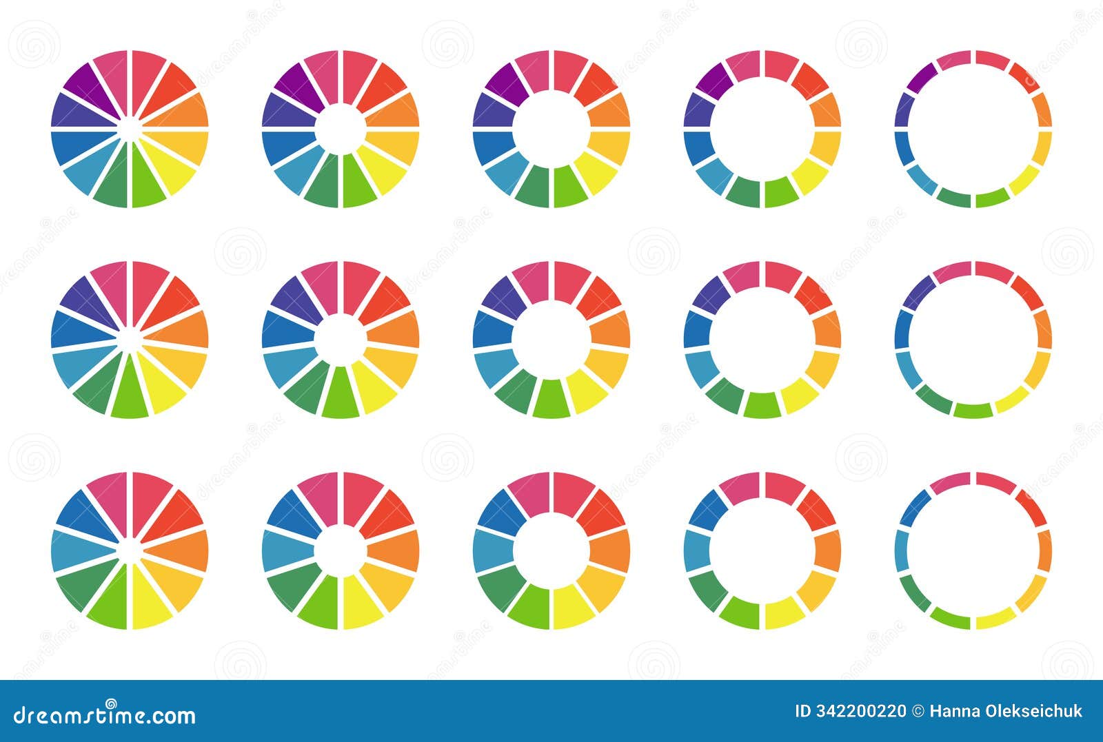 Donut Charts Set. Circle Diagrams Divided In 8 Sections In Flat And ...