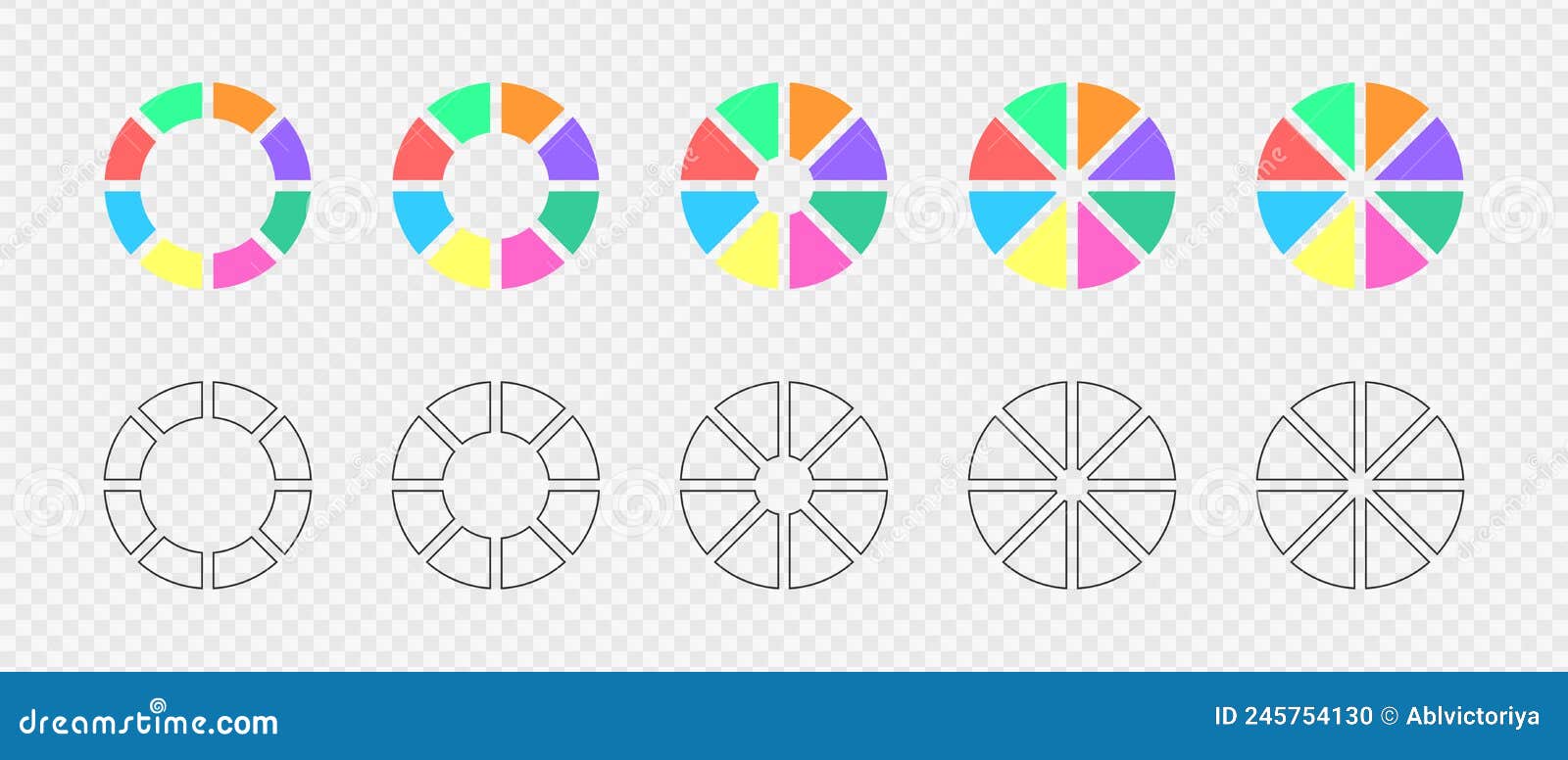 Donut Charts Set. Circle Diagrams Divided In 8 Sections In Flat And ...