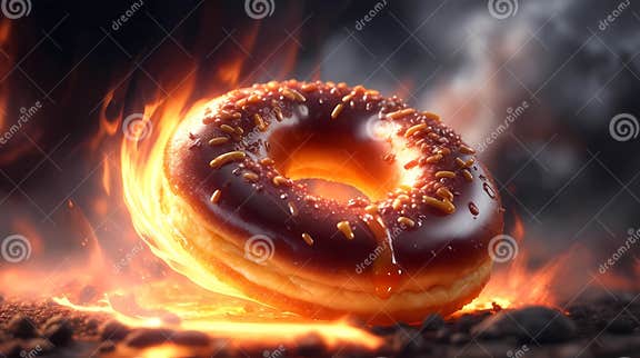Donut on Fire Image Art Illustration, Generative Ai Art. Stock ...