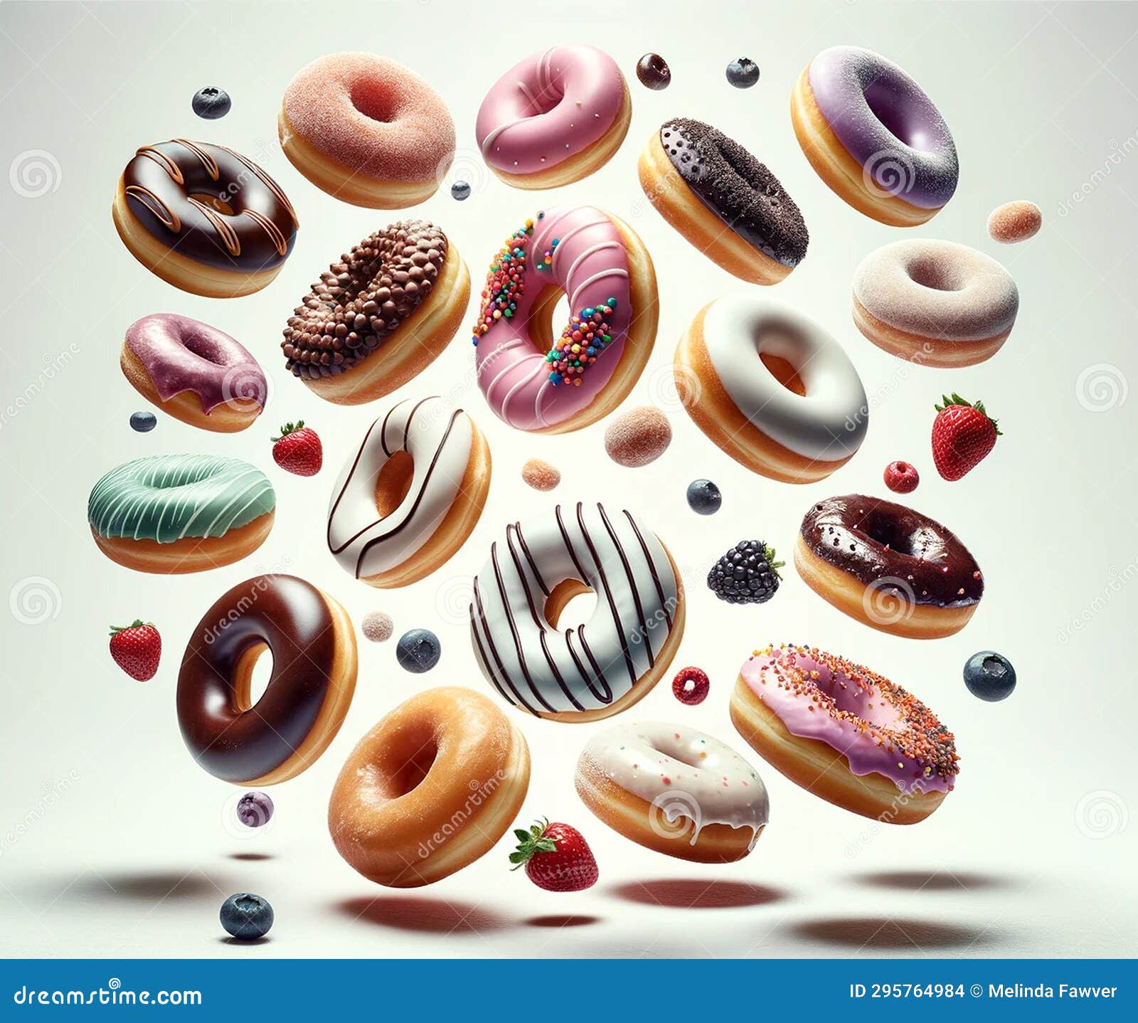 Donuts of All Varieties Float in the Air on a White Background Stock ...
