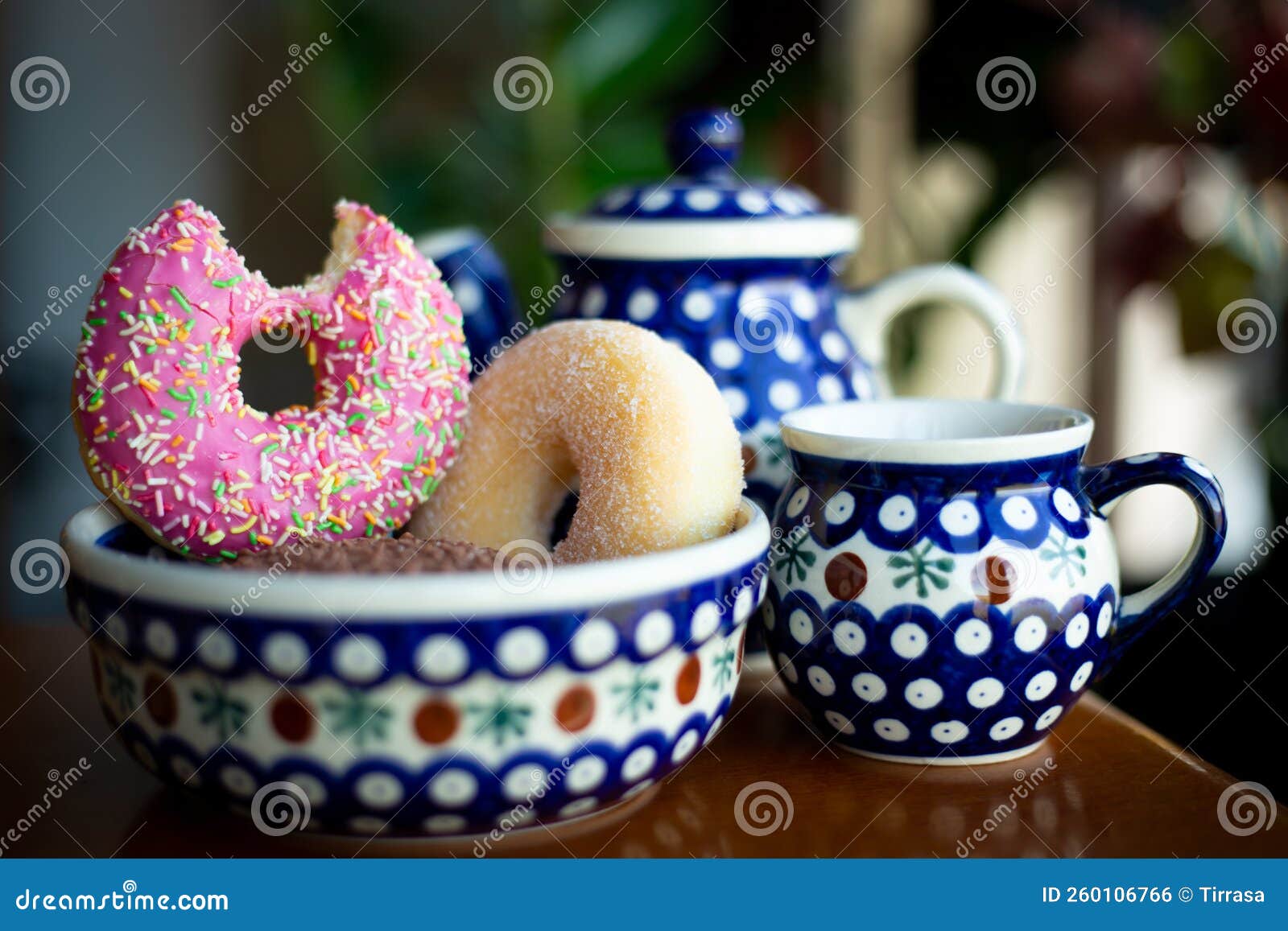Donuts and Beautiful Teapot and Cup on Board Stock Photo - Image of ...
