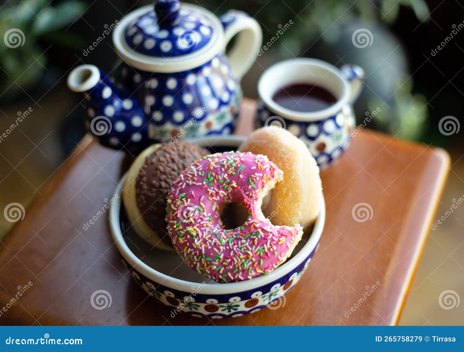 Donuts and Beautiful Teapot and Cup on Board Stock Image - Image of ...