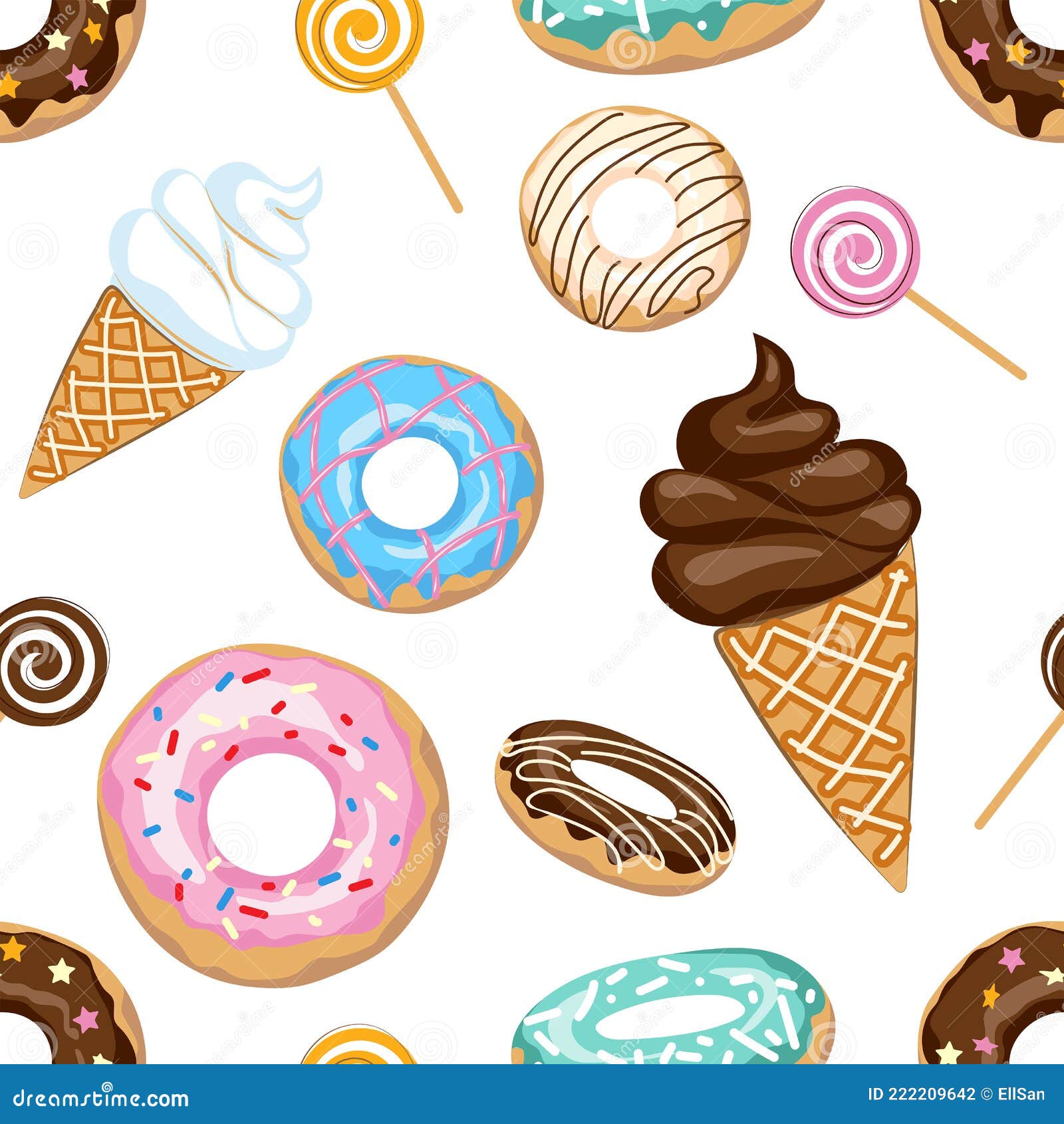 Donuts Chocolate And Vanilla Ice Cream In Waffle Cone And Lollipop