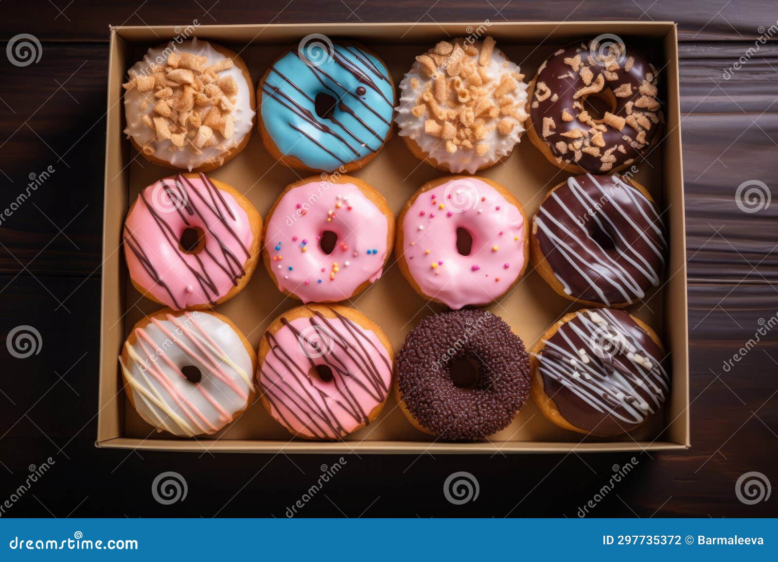 Donuts with Different Designs in a Pastry Box, Top View. Generative AI ...
