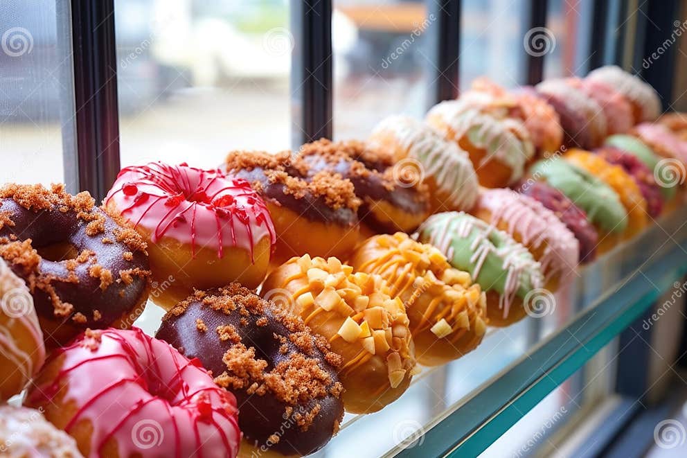 Donuts with Different Fillings Displayed in a Bakery Shop Window Stock ...