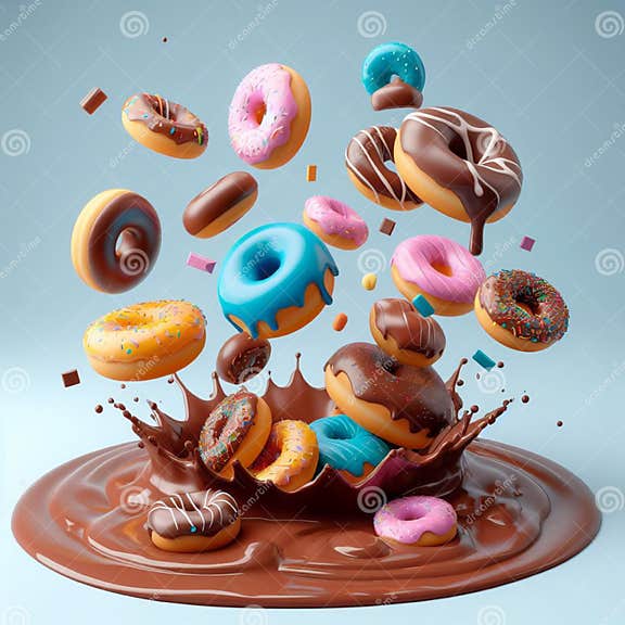 Donuts falling in chocolat stock image. Image of sweetness - 292685019