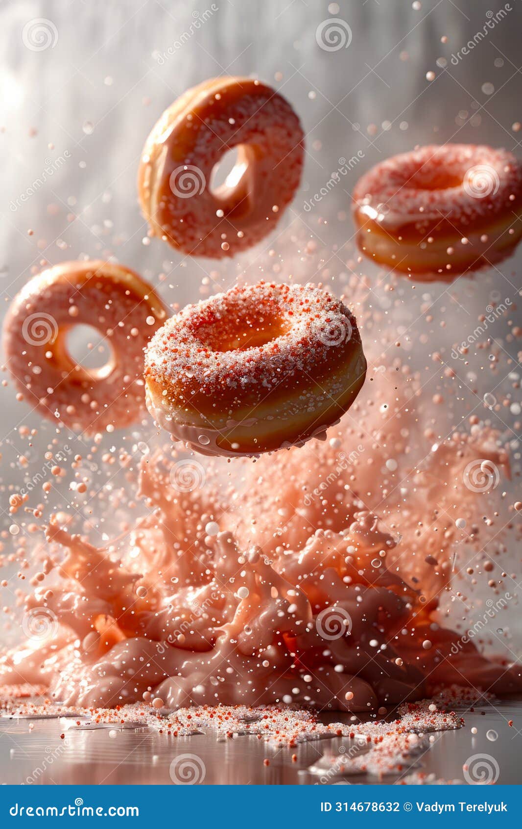 Donuts Falling on the Surface of Powdered Sugar Stock Photo - Image of ...