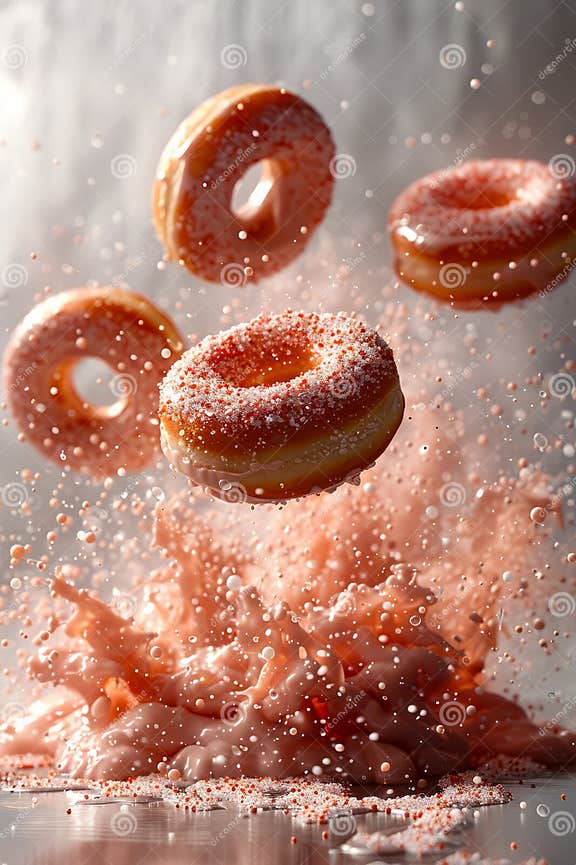 Donuts Falling on the Surface of Powdered Sugar Stock Photo - Image of ...