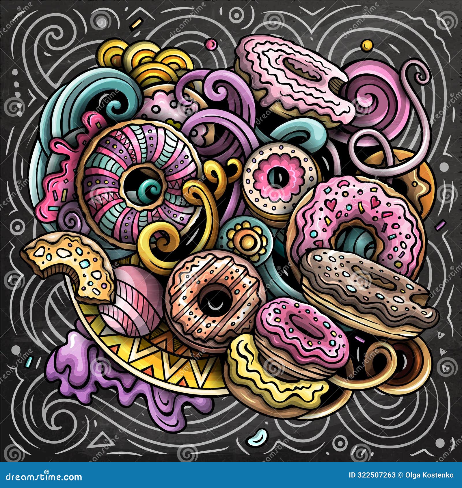 Donuts Hand Drawn Vector Doodles Illustration. Stock Image - Image of ...