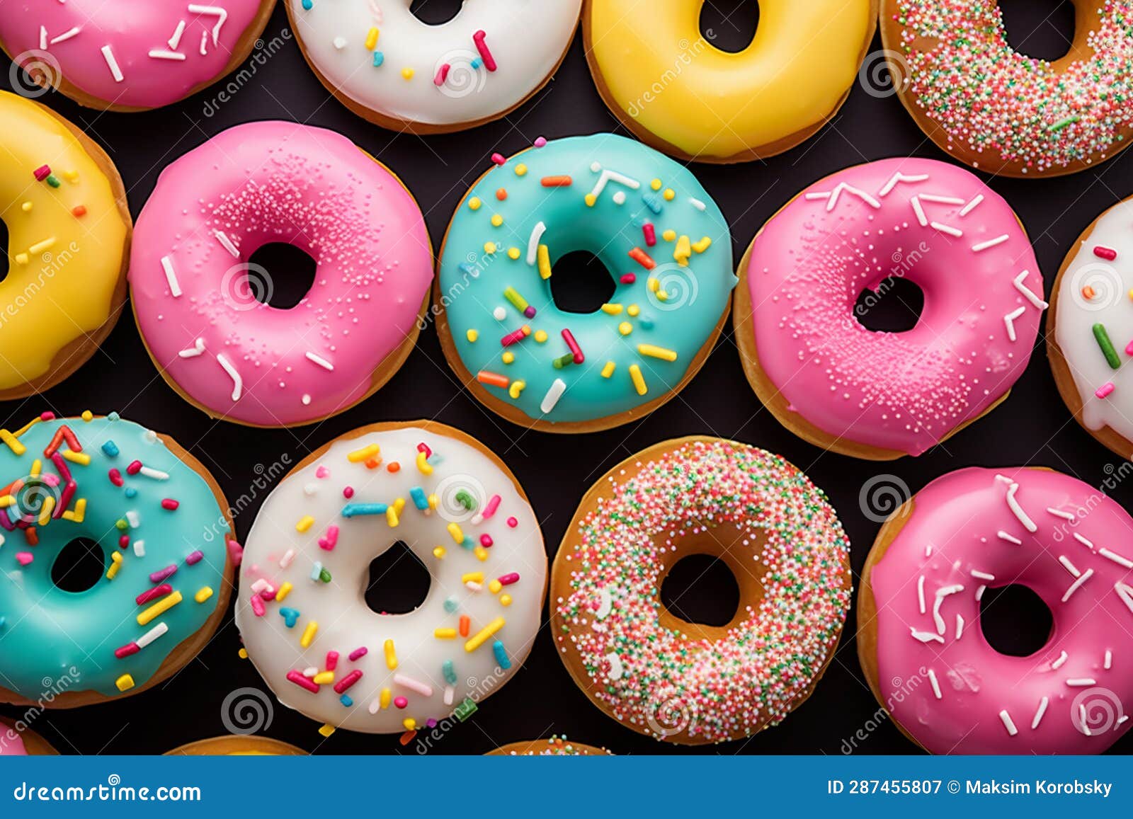 Various Doughnuts Isolated On Blue Background . Mix Of Multicolored ...