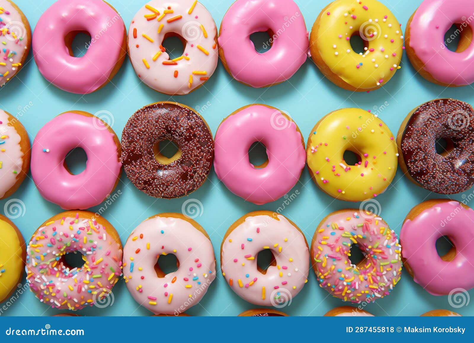 Various Doughnuts Isolated On Blue Background . Mix Of Multicolored ...