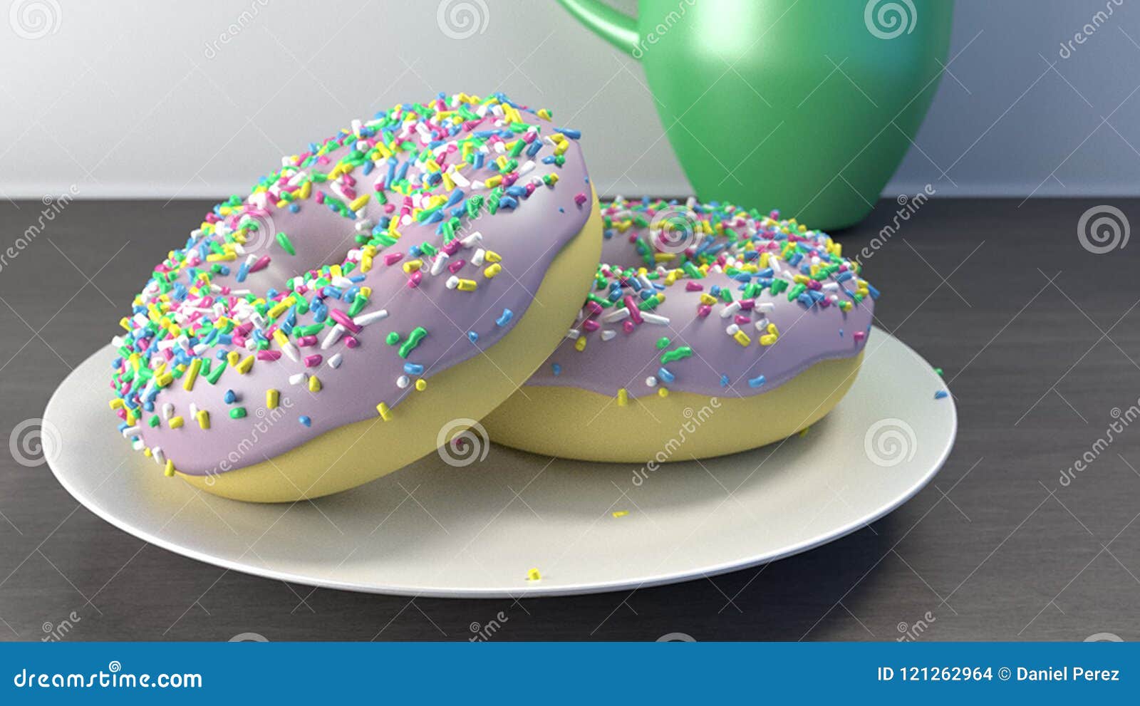 Donuts on plate with mug stock photo. Image of delicious - 121262964