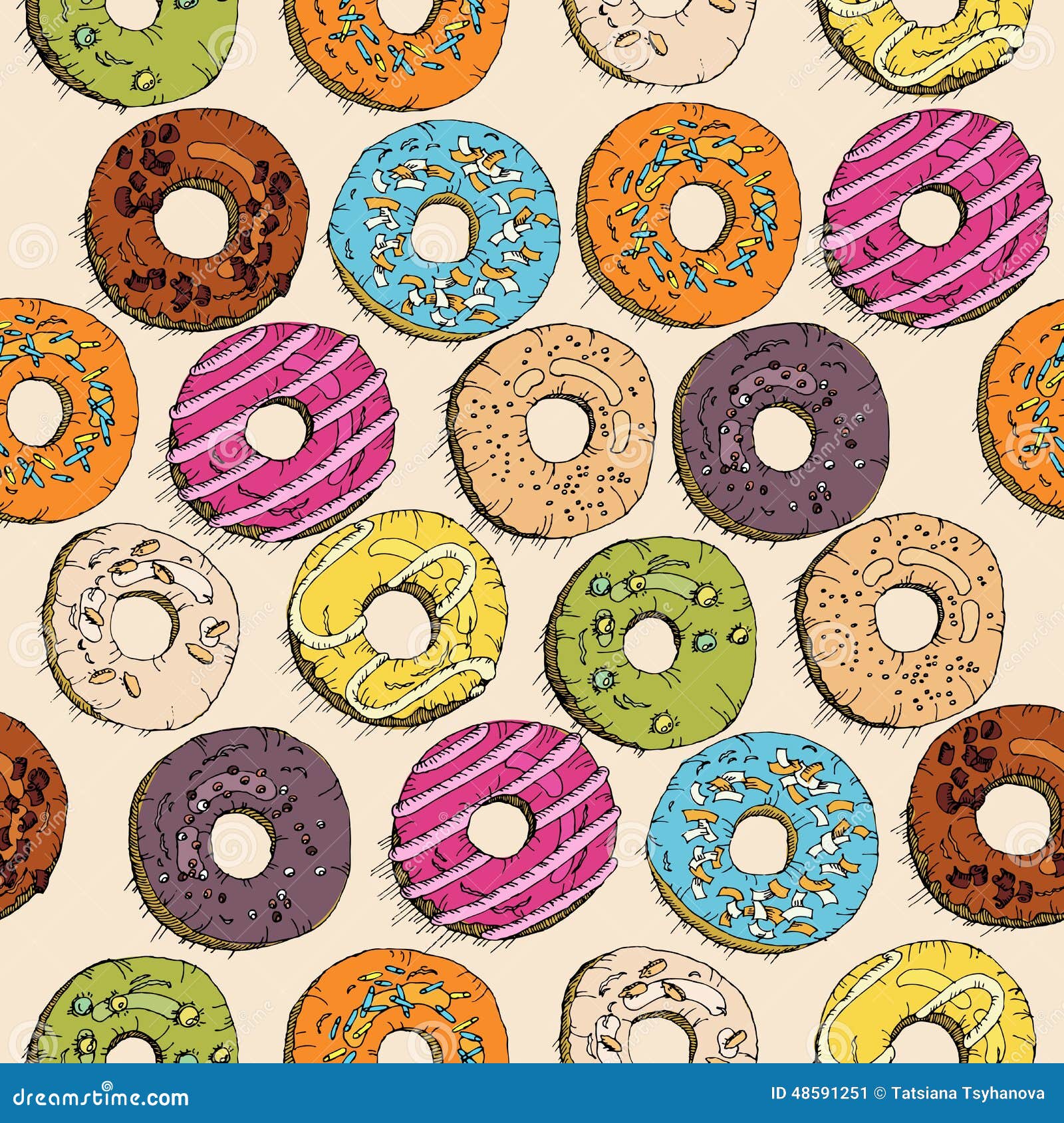 Donuts Seamless Pattern in Doodle Design. Cartoon Style. Vintage. Stock ...