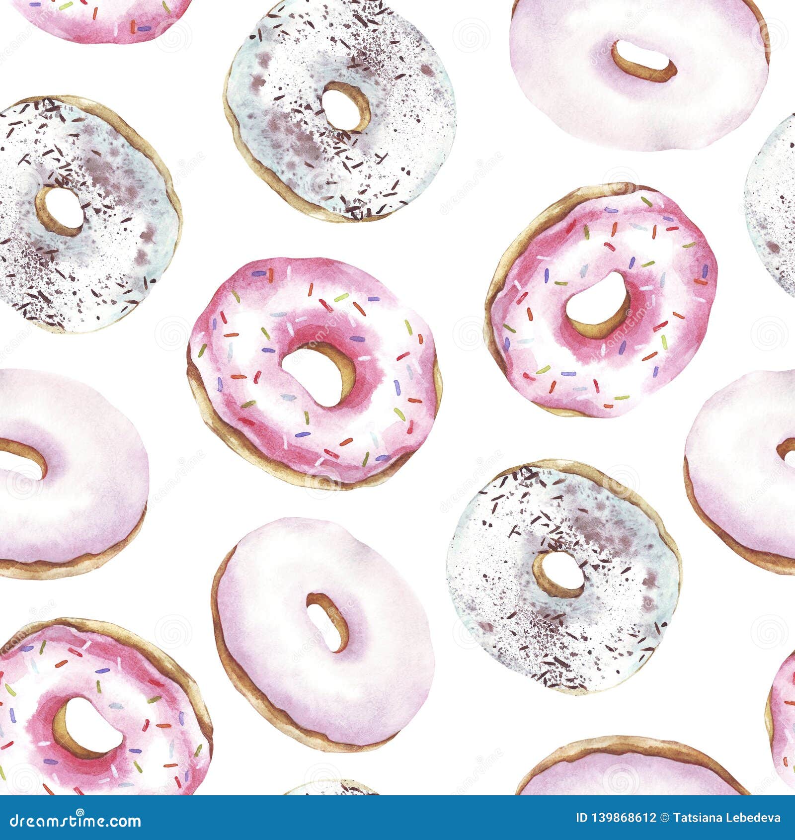 Donuts Seamless Pattern. Watercolor Doughnuts Stock Illustration ...