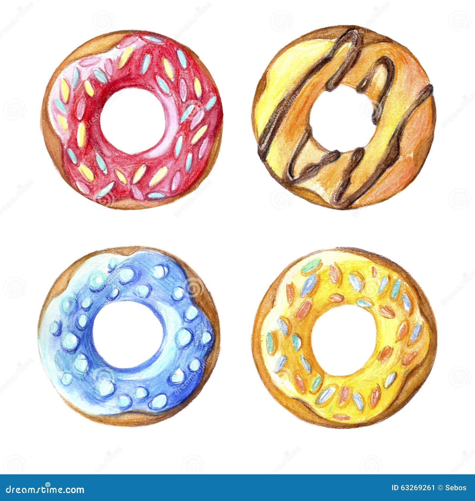 Donuts Set. Hand Drawn Watercolor Pencils. Stock Illustration ...