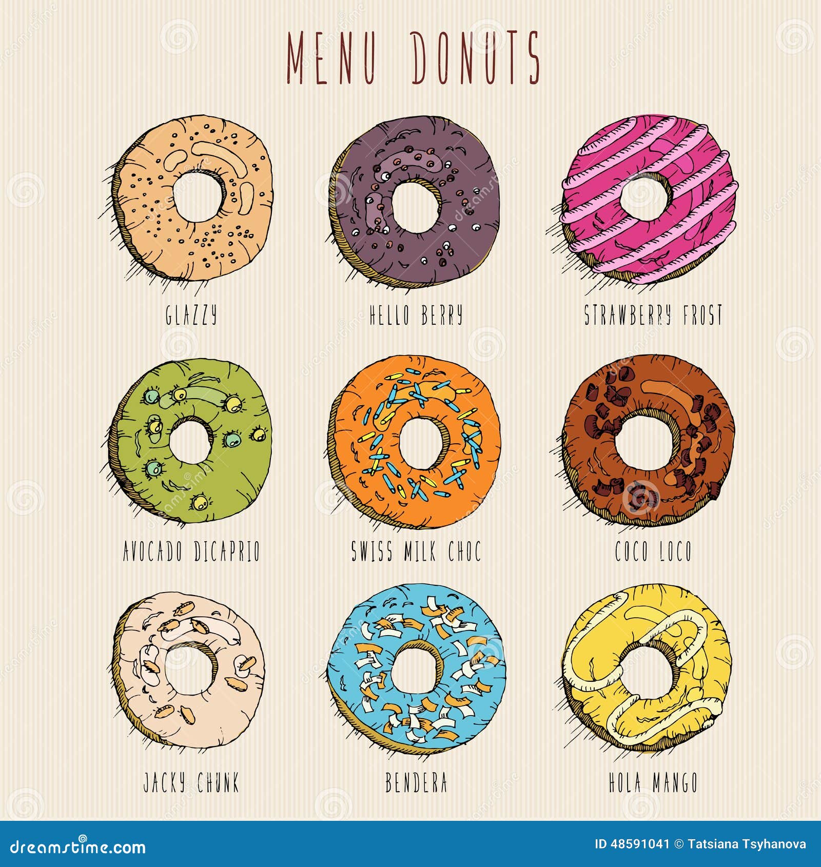 Donuts Set. Menu in Doodle Design. Vintage Style. Stock Vector ...