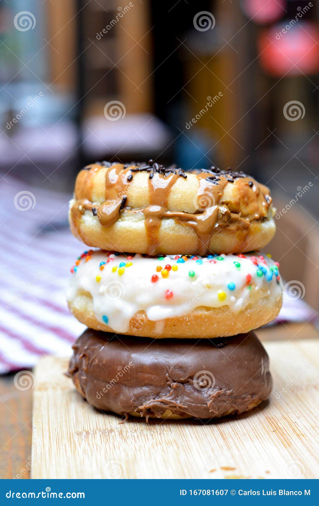 Donuts tower, three Donuts stock image. Image of pastry - 167081607