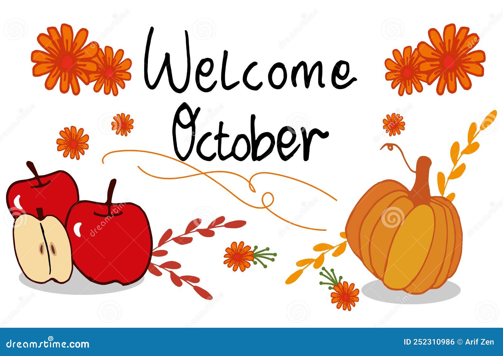 Welcome October-hand Drawn Lettering with Pumpkin, Apple and Flower ...