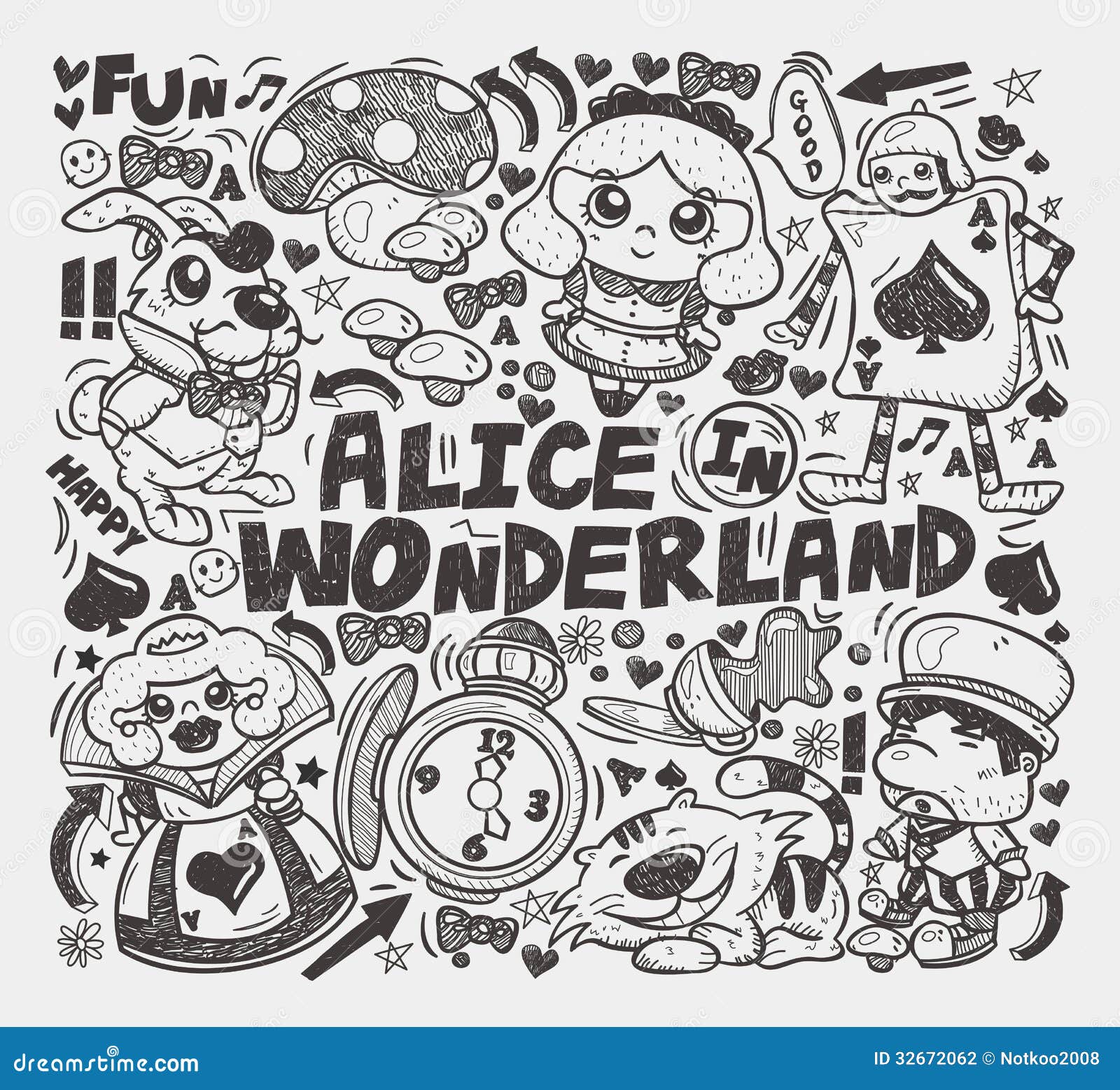 Doodle Alice in Wonderland Element Stock Vector - Illustration of ...