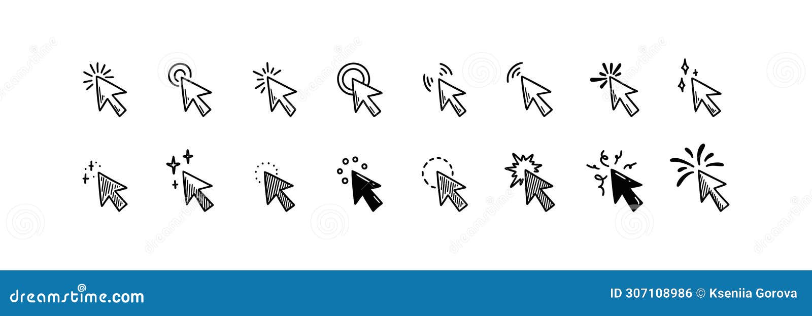 Doodle Arrow Click Icon Set. Hand Drawn Mouse Cursor. Press Here Tap Button. Arrow Pointer ...
