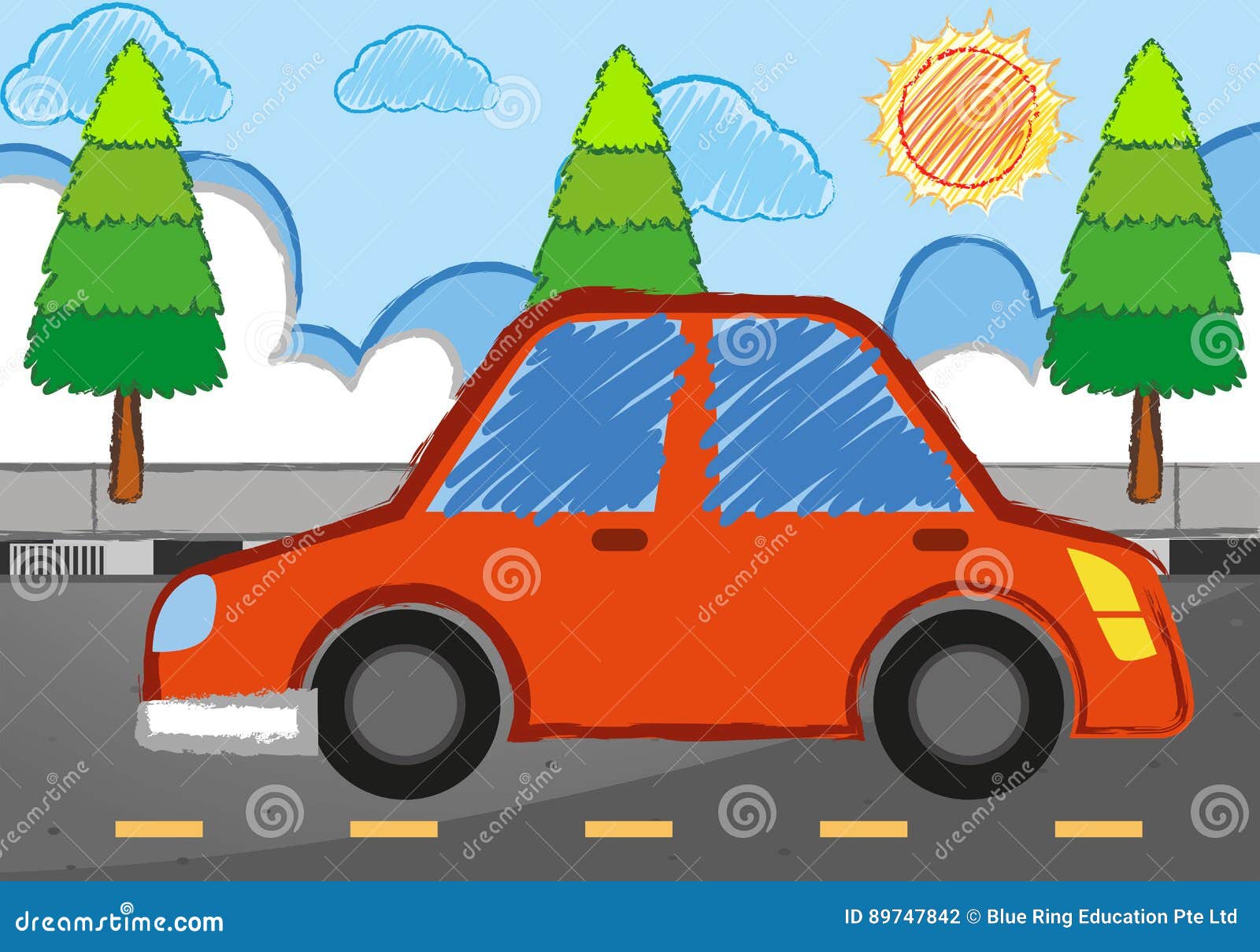 Doodle Art with Red Car on Street Stock Vector - Illustration of doodle ...