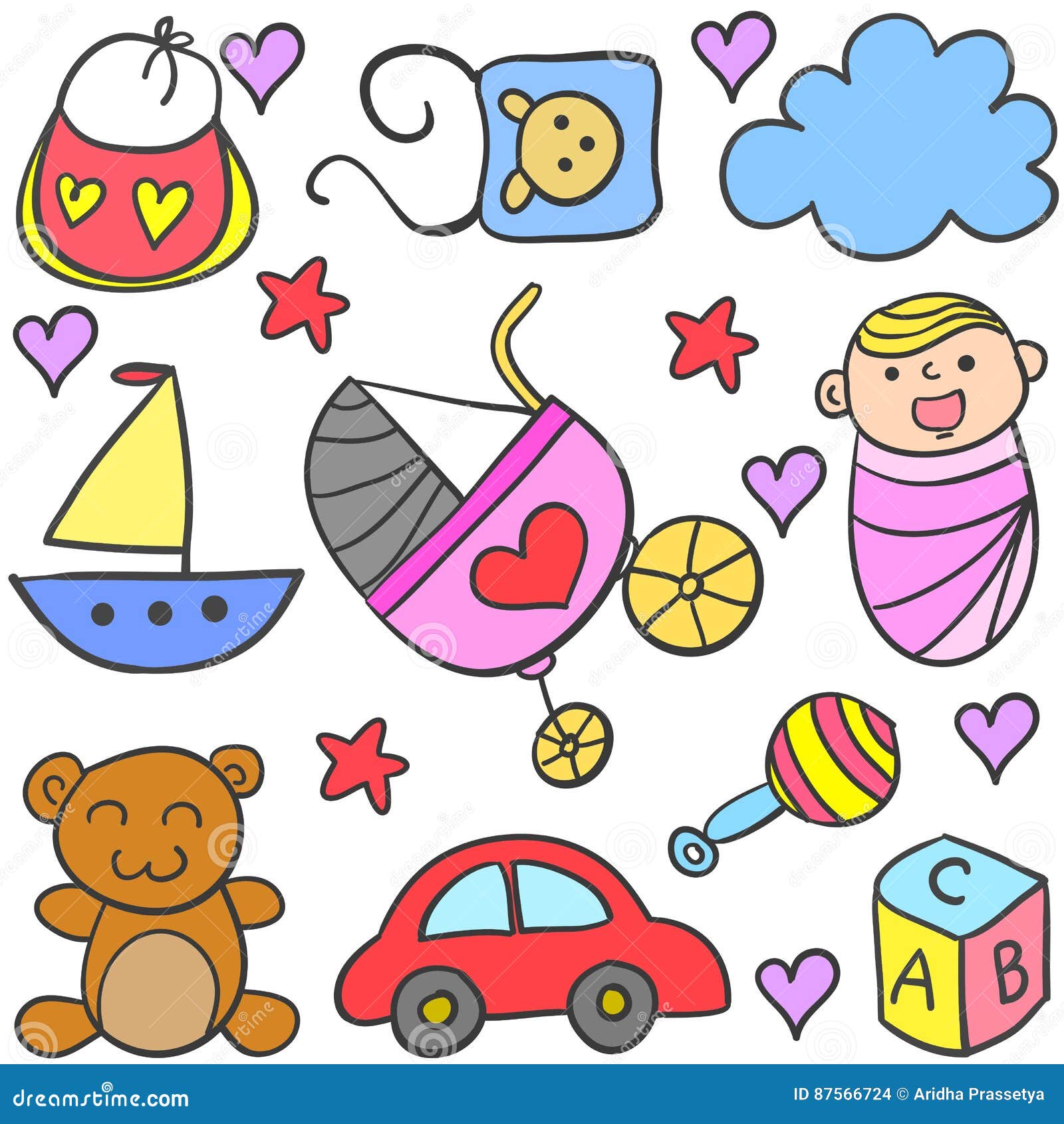 Doodle of Baby Set Design Style Stock Vector - Illustration of rattle ...