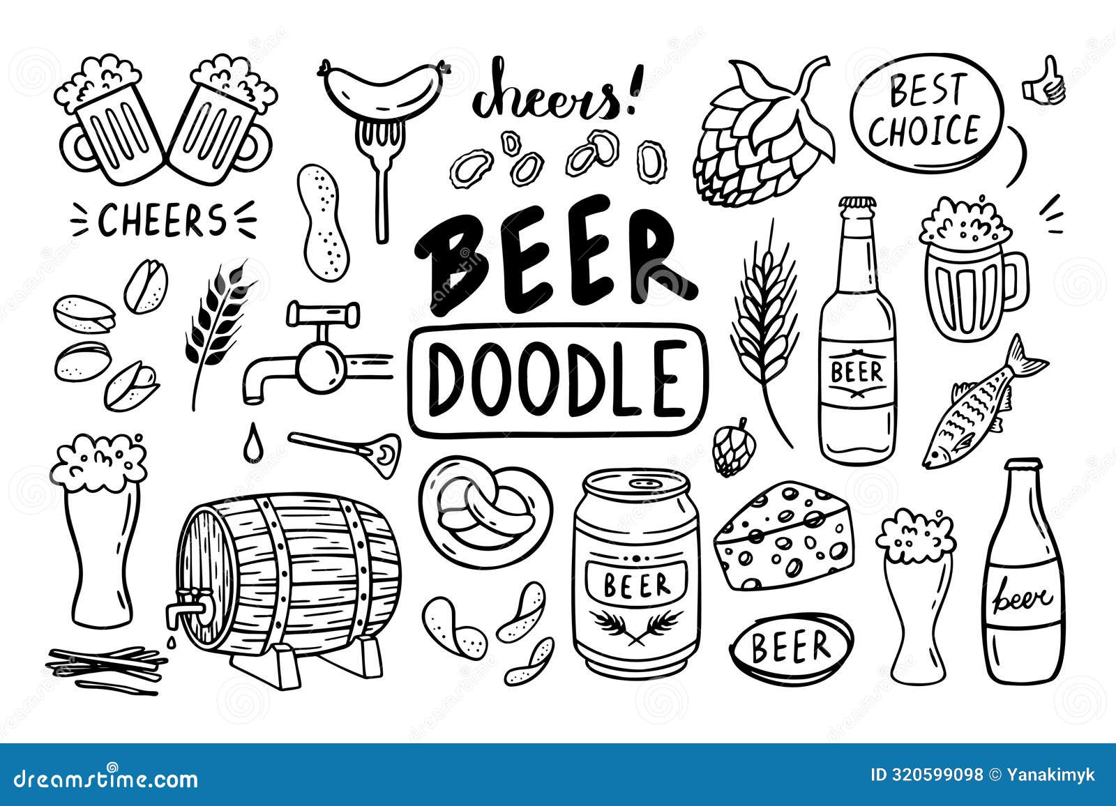 Doodle Beer Outline Set. Hand Drawn Pub Elements Stock Vector ...